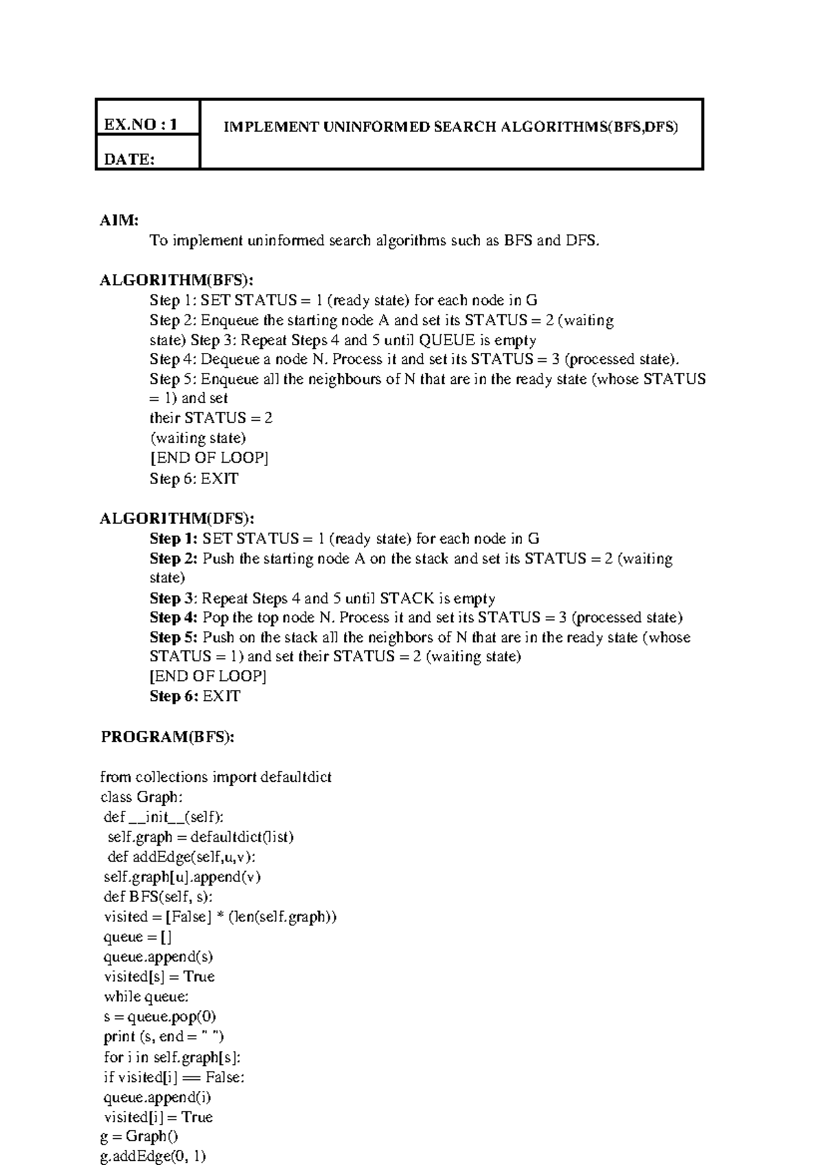 Ai And Ml Lab Manual 1 12 Ex 1 Implement Uninformed Search Algorithmsbfsdfs Date Aim