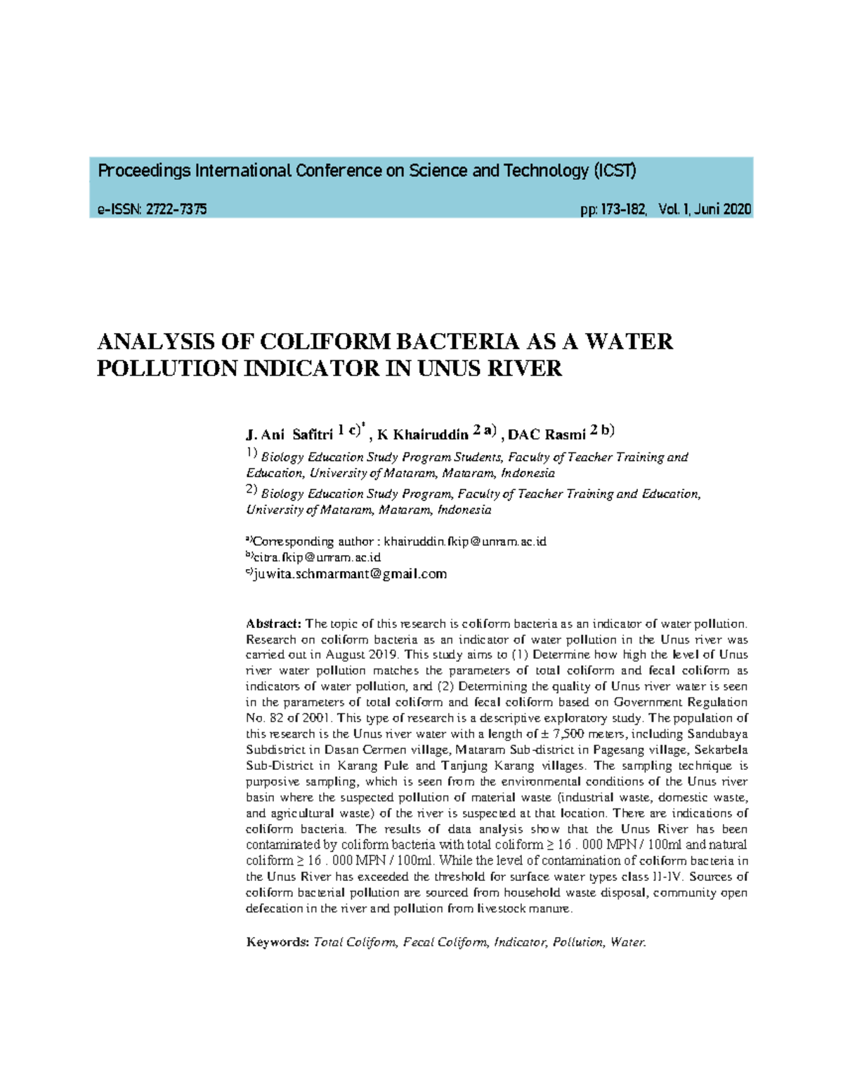 Analysis of Coliform Bacteria As A Water Pollution Indicator In Unus ...