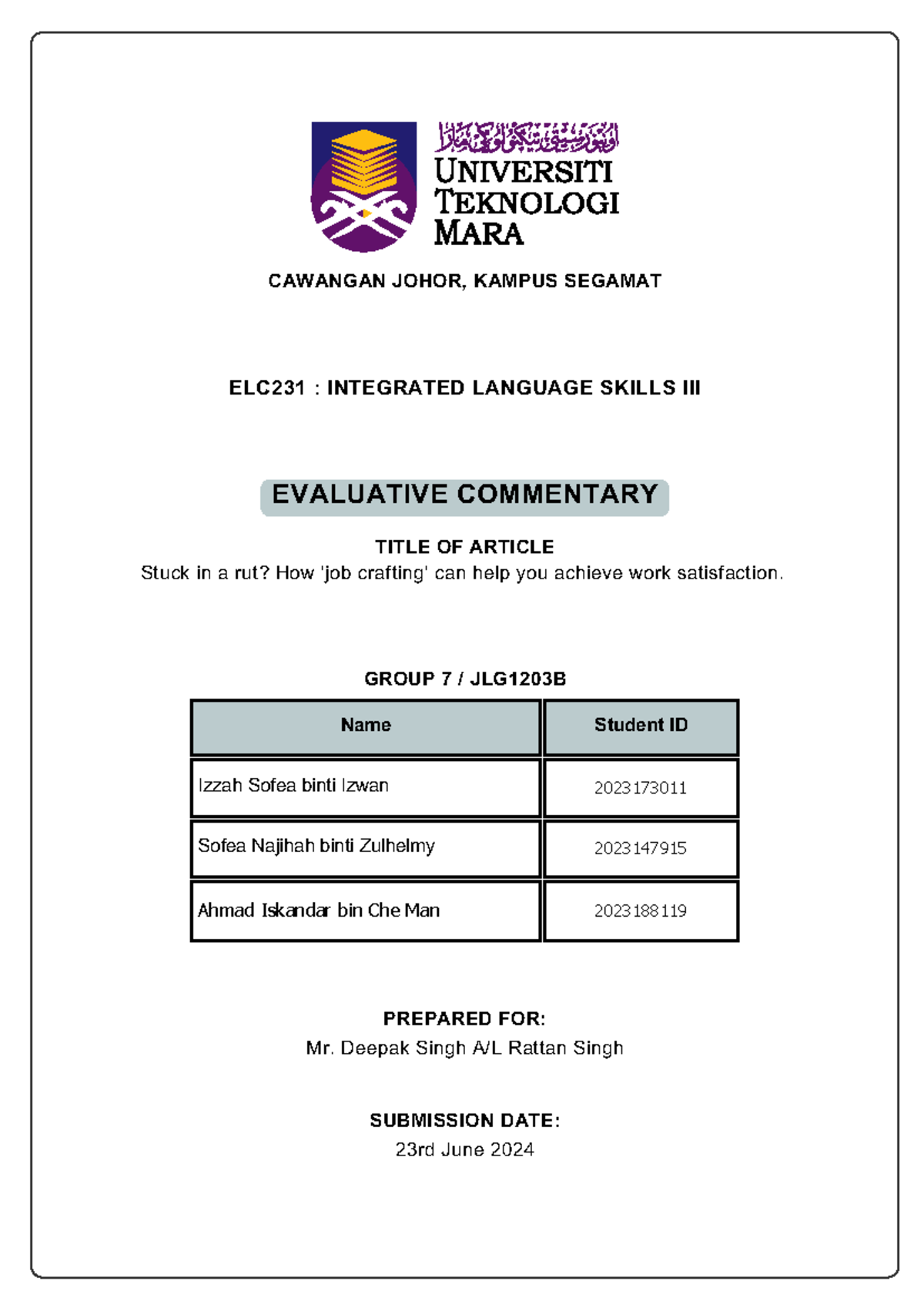 Evaluative Commentary - Name Student ID Izzah Sofea binti Izwan ...