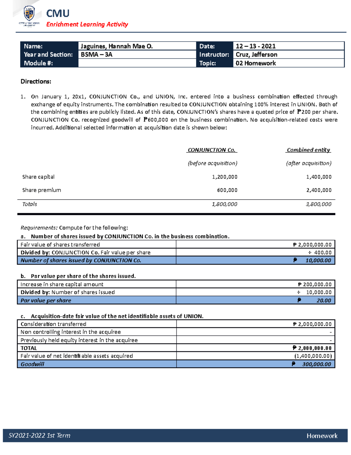 Accounting for Business Combination - Name: Jaguines, Hannah Mae O ...