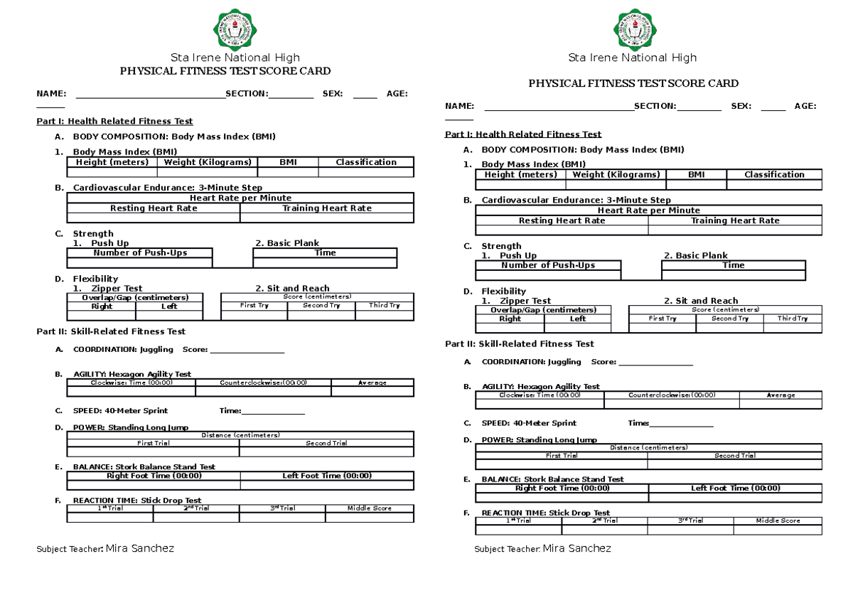 PPFT Score CARD 2022 - pft-skill and health related categories ...