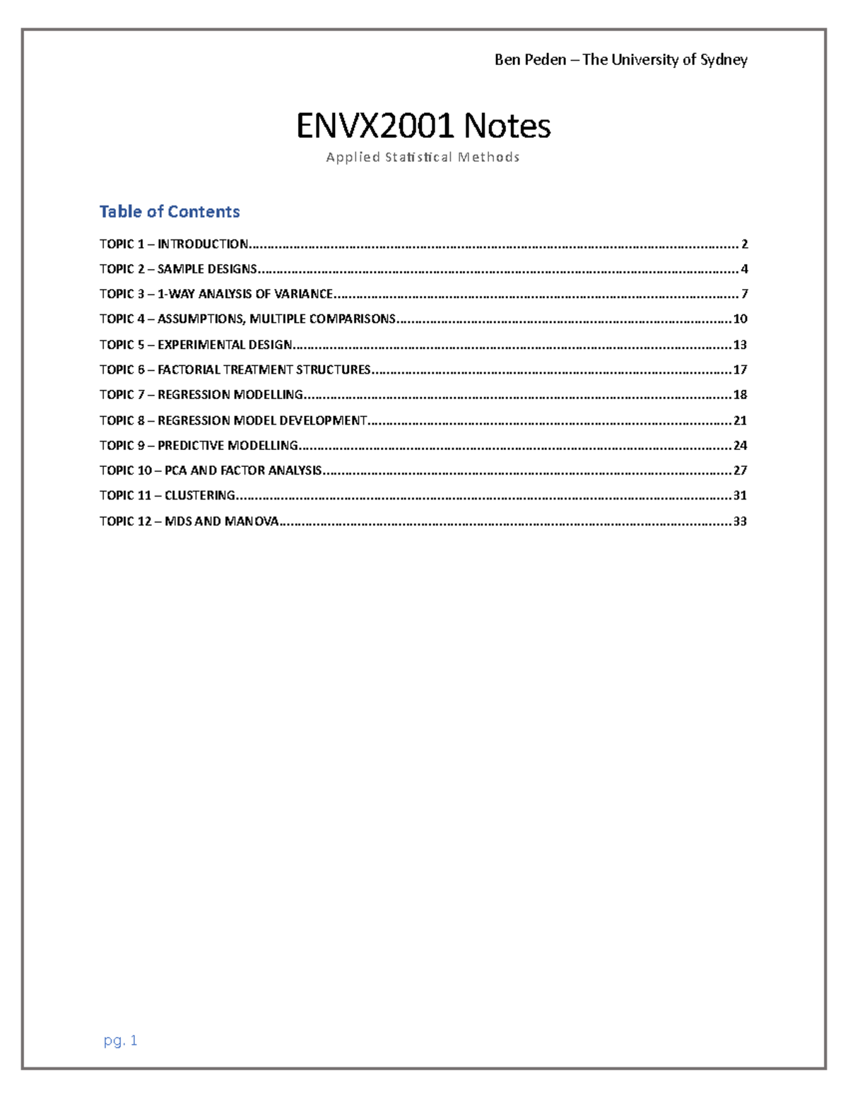 ENVX2001 Notes ENVX2001 Notes Applied Statistical Methods TOPIC 1