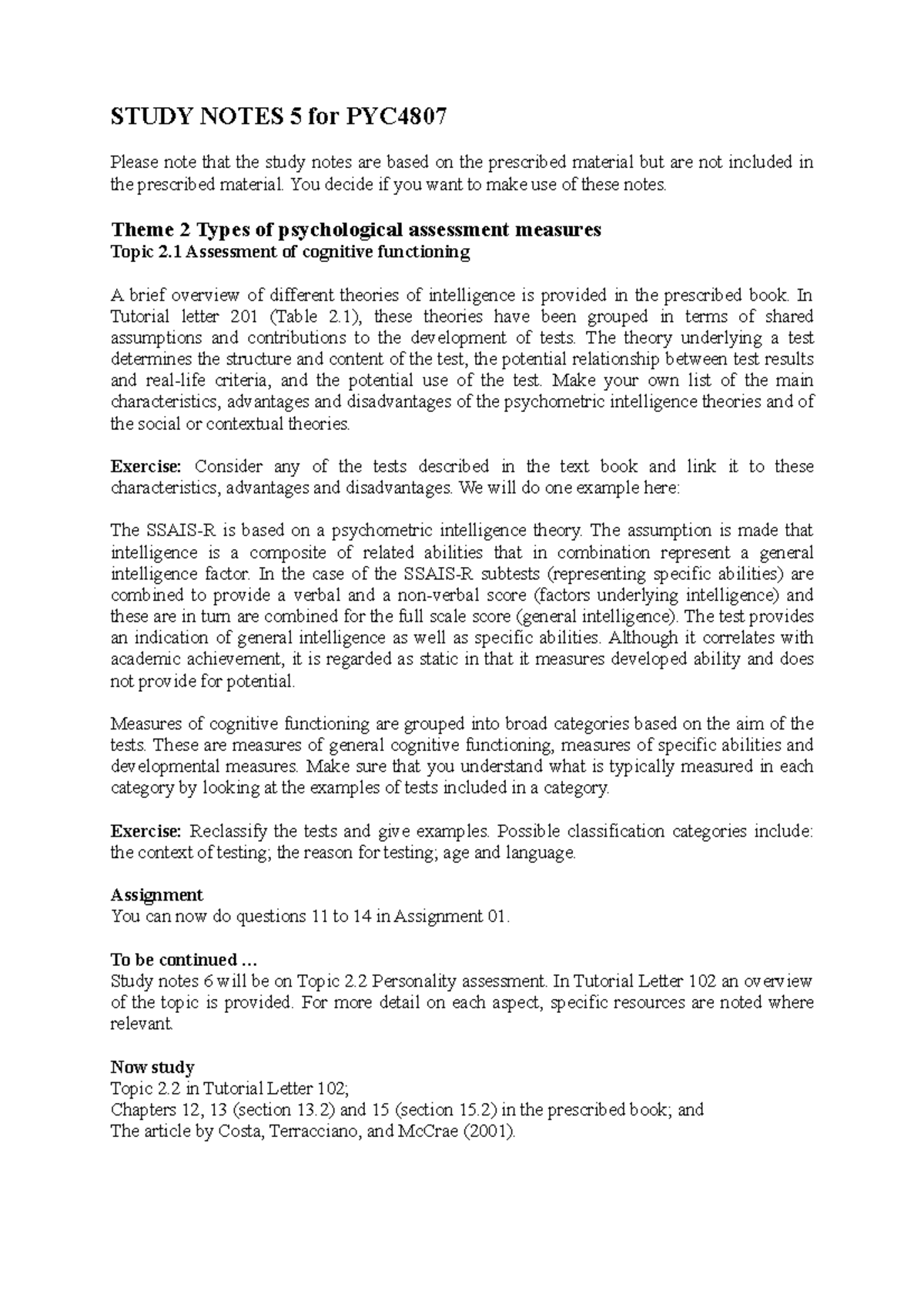 Study Notes 5 for PYC4807 - STUDY NOTES 5 for PYC Please note that the ...