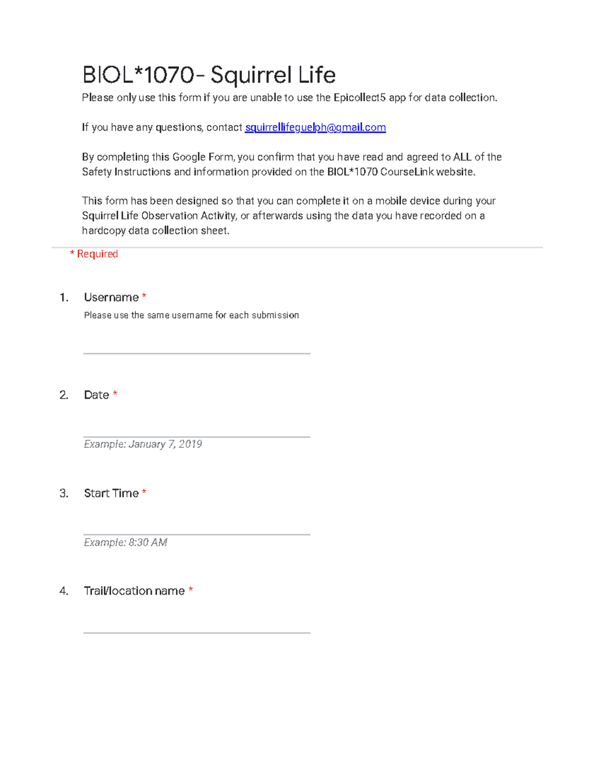 Squirrel Assignment - 1. 2. Example: January 7, 2019 3. Example: 8:30 ...