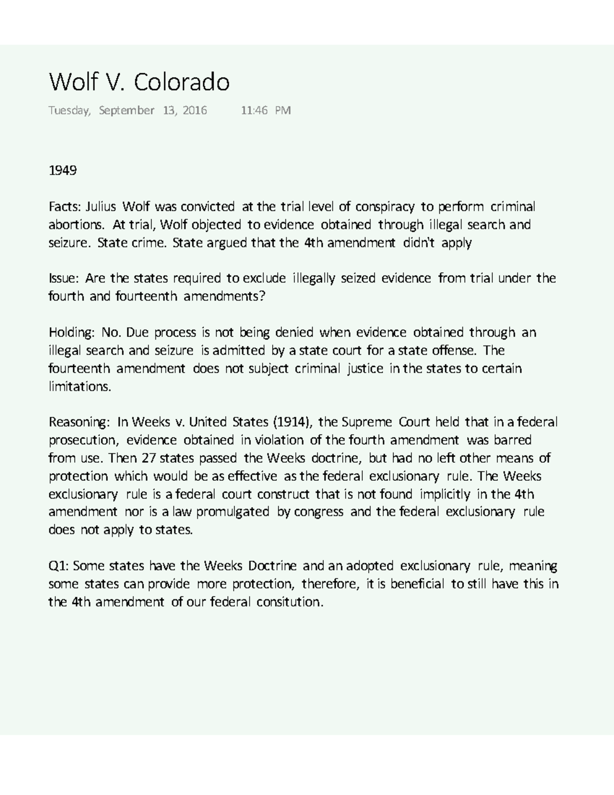 Wolf V. Colorado - Summary Criminal Procedure: Investigating Crime ...