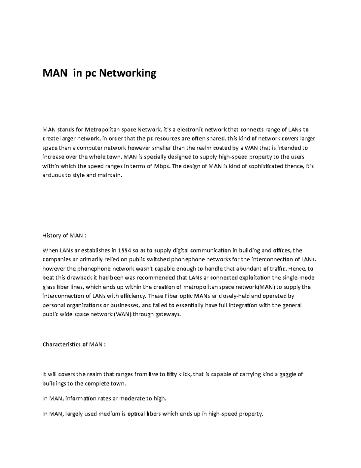 MAN in pc Networking. - MAN in pc Networking MAN stands for ...