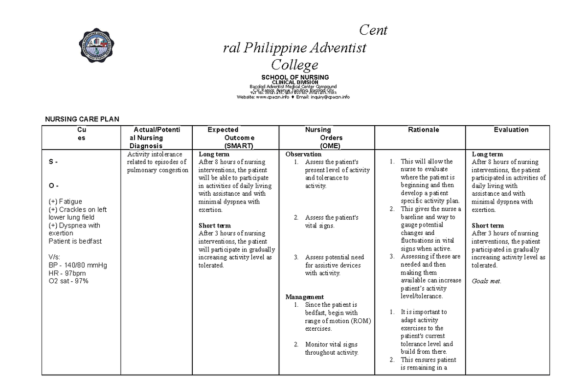 Activity intolerance - Case study - Cent ral Philippine Adventist ...