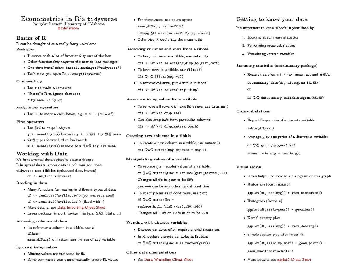 Tidy Rcheatsheet - summarizes all the formula - Econometrics in R’s ...
