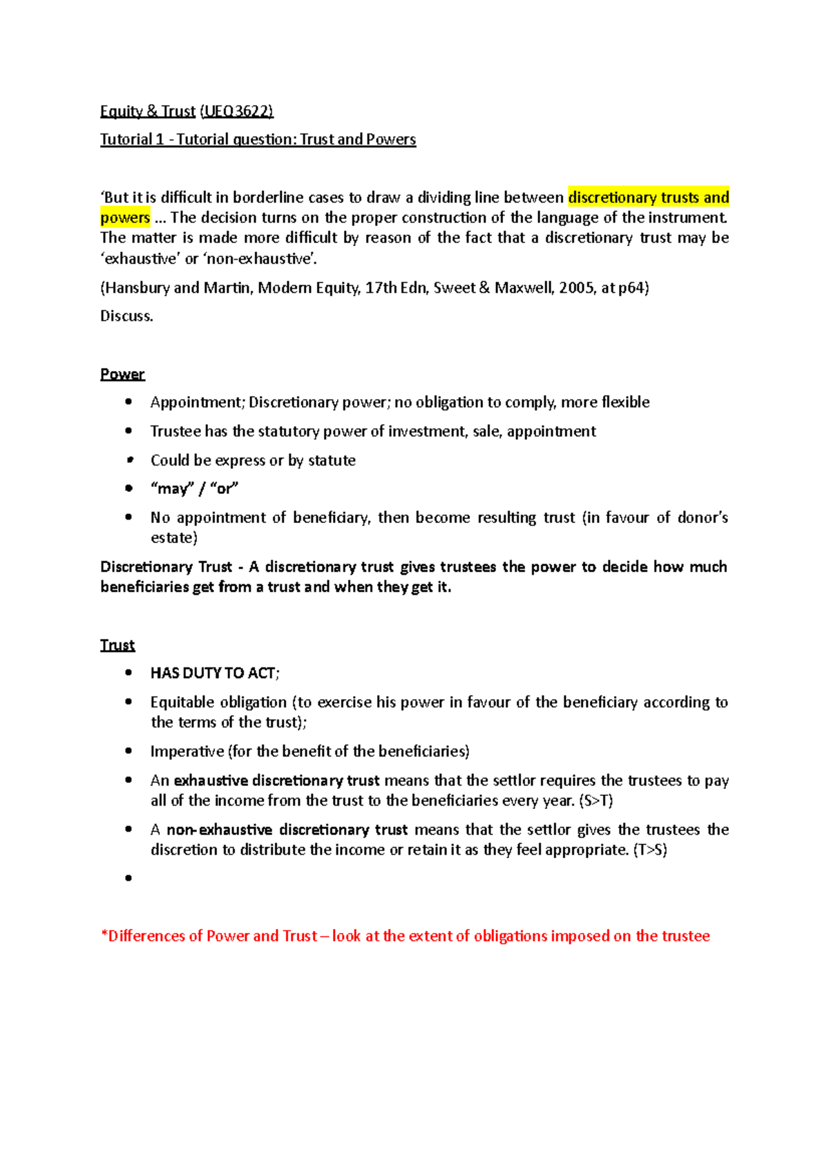 Equity and Trusts - Tutorial 1 - Trust and Power - Equity & Trust ...