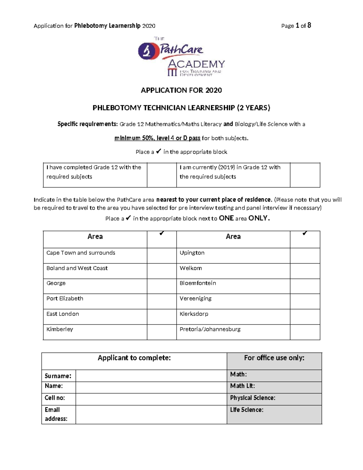Application Form Phlebotomy Technician Learnership Sept 2020 ...