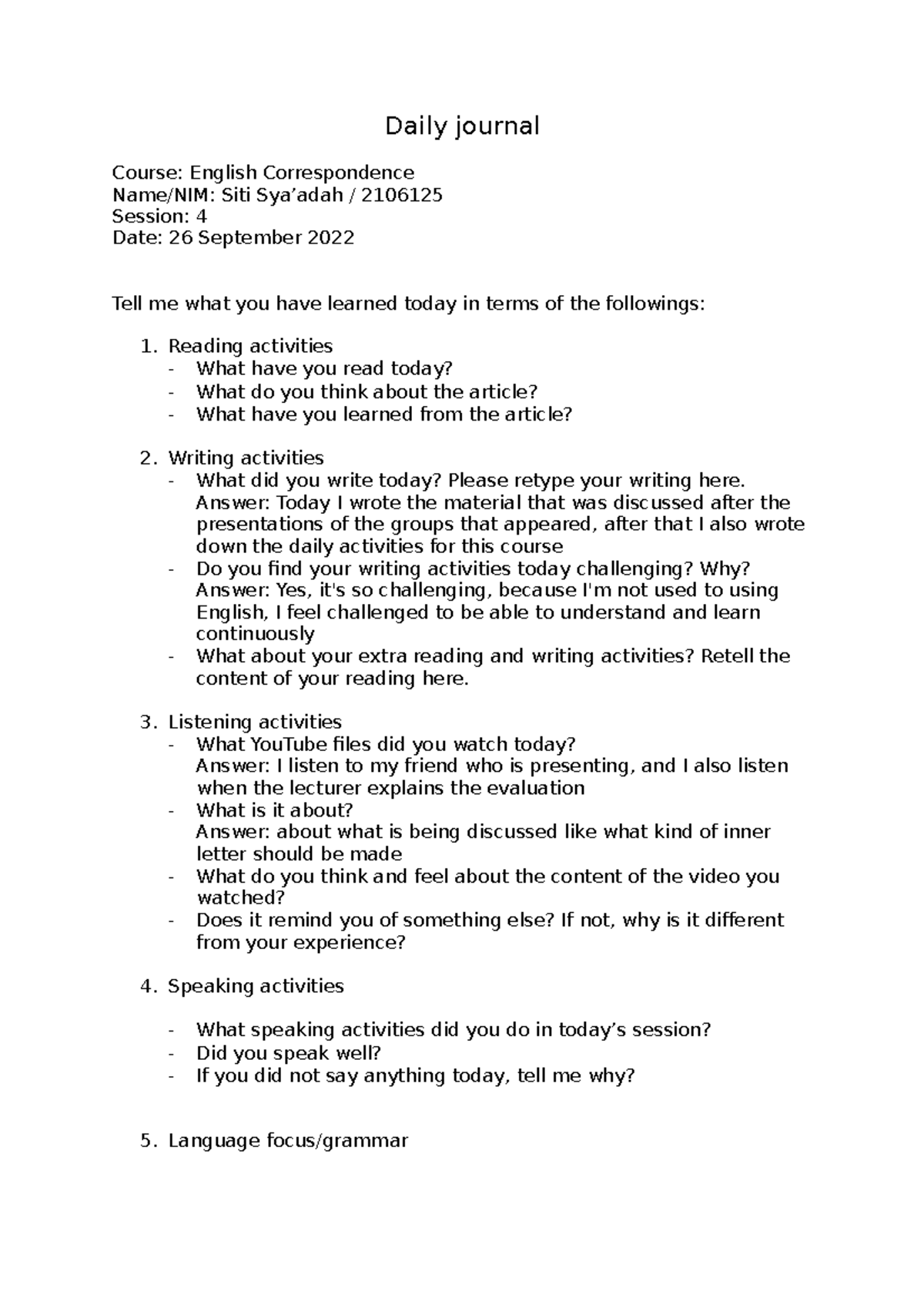 Daily journal at English Course to reflect student's understanding ...