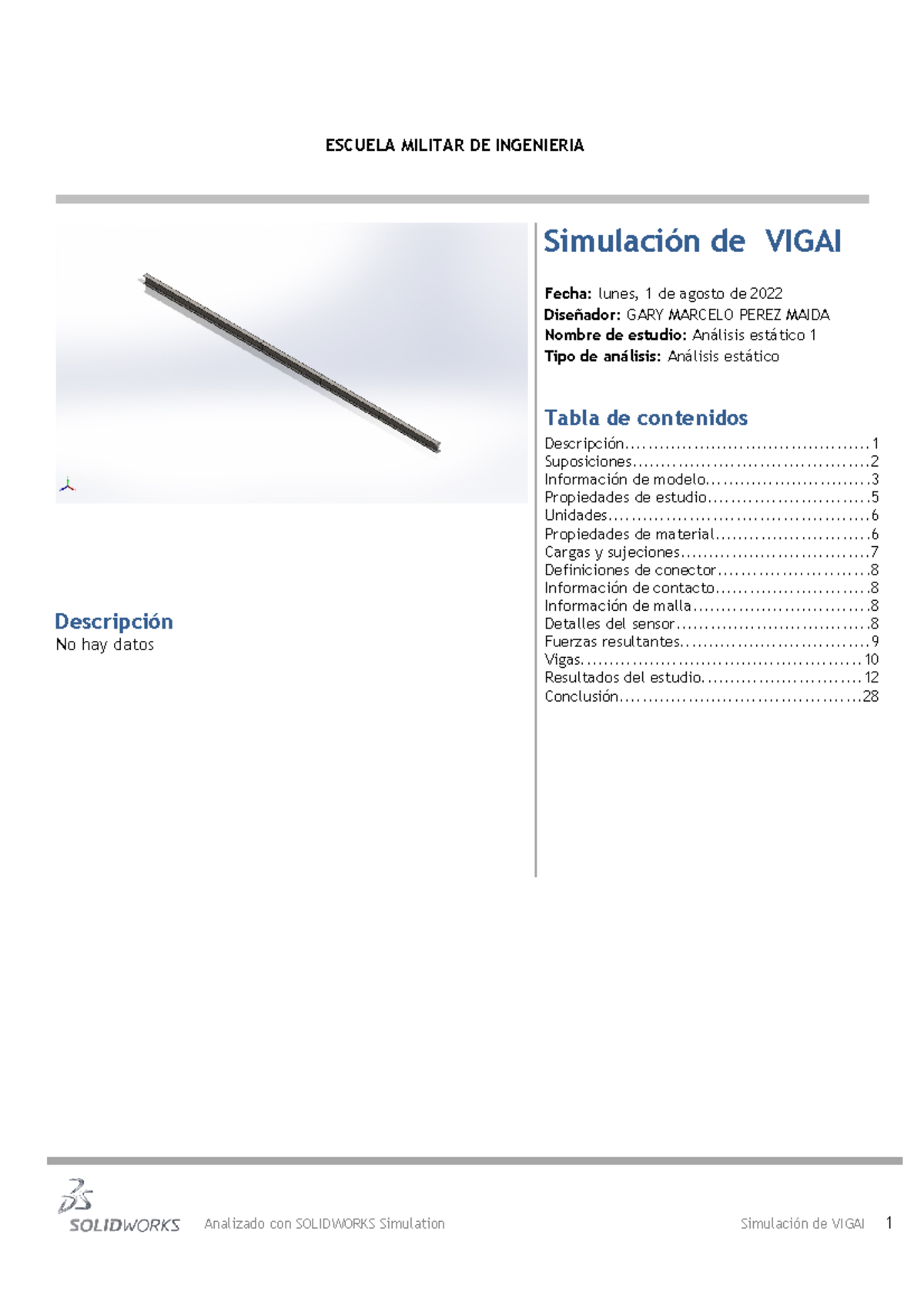 Vigai-Análisis estático 1-1 - ESCUELA MILITAR DE INGENIERIA Simulación ...