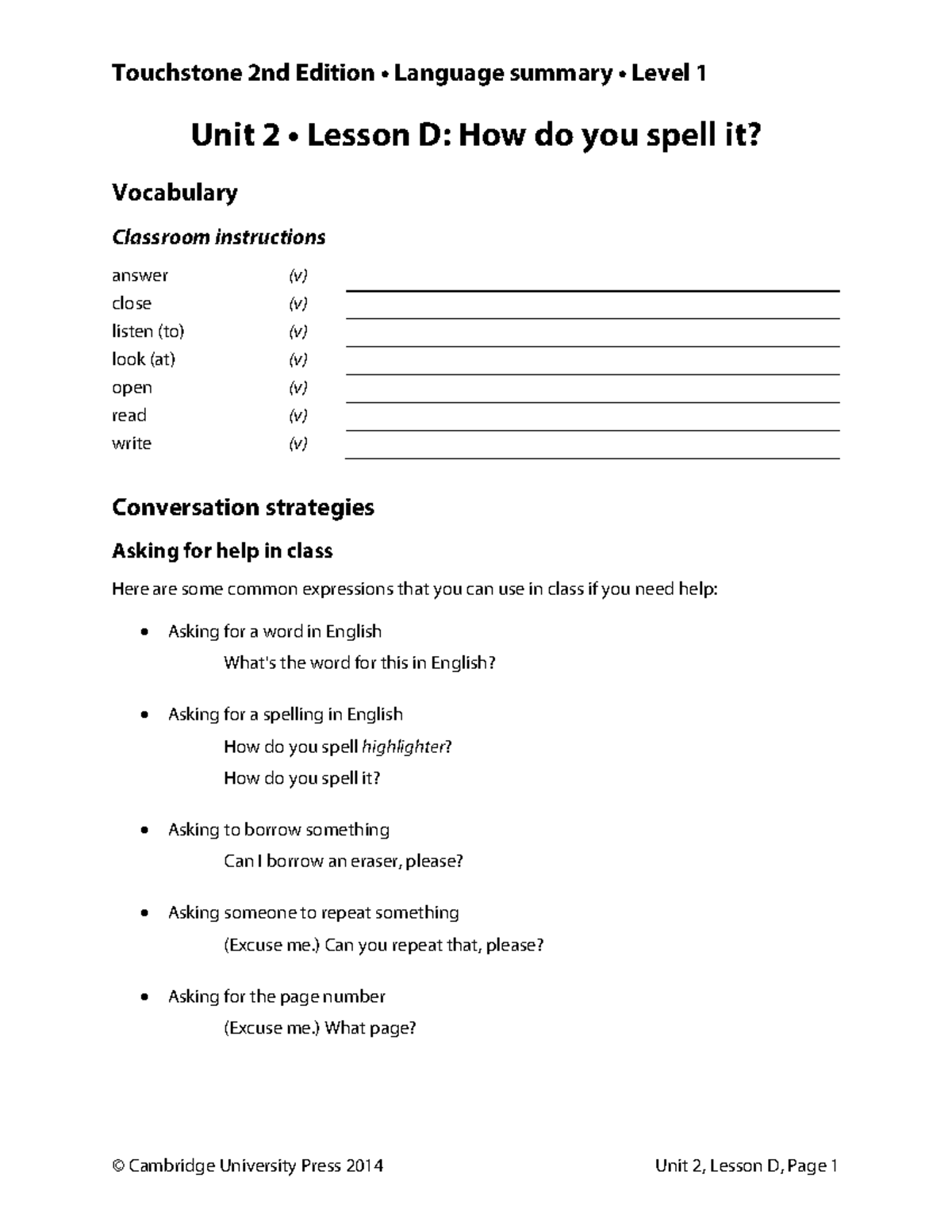 TS2e L1 U2 LD Langsum - Common expressions - Touchstone 2nd Edition • Language summary • Level 1 ...