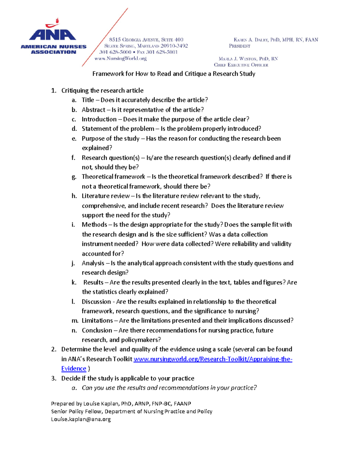 Framework for how to read and critique a research study - Prepared by ...