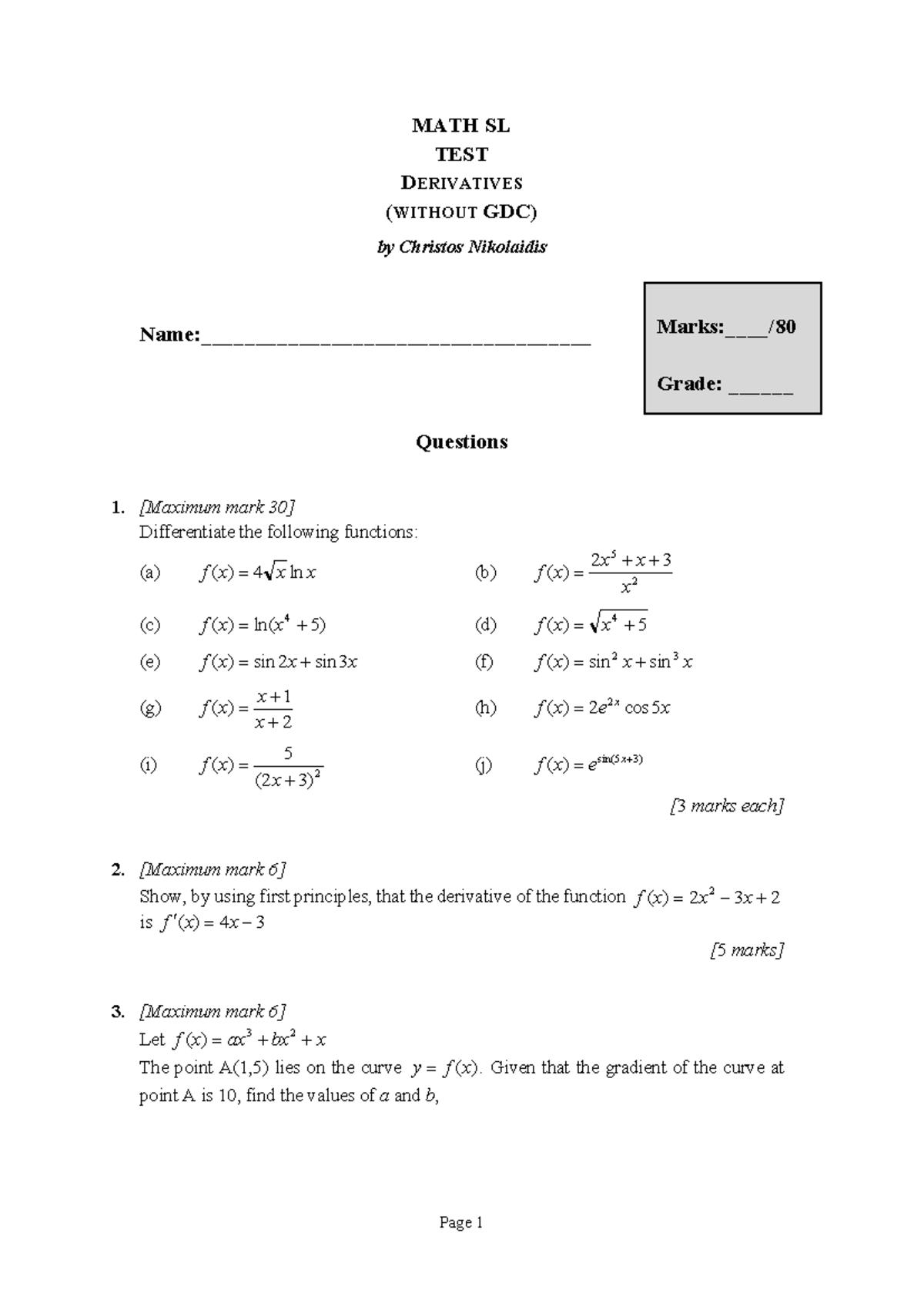 TEST 2. Derivatives (2016 ) - Page 1 MATH SL TEST DERIVATIVES (WITHOUT ...