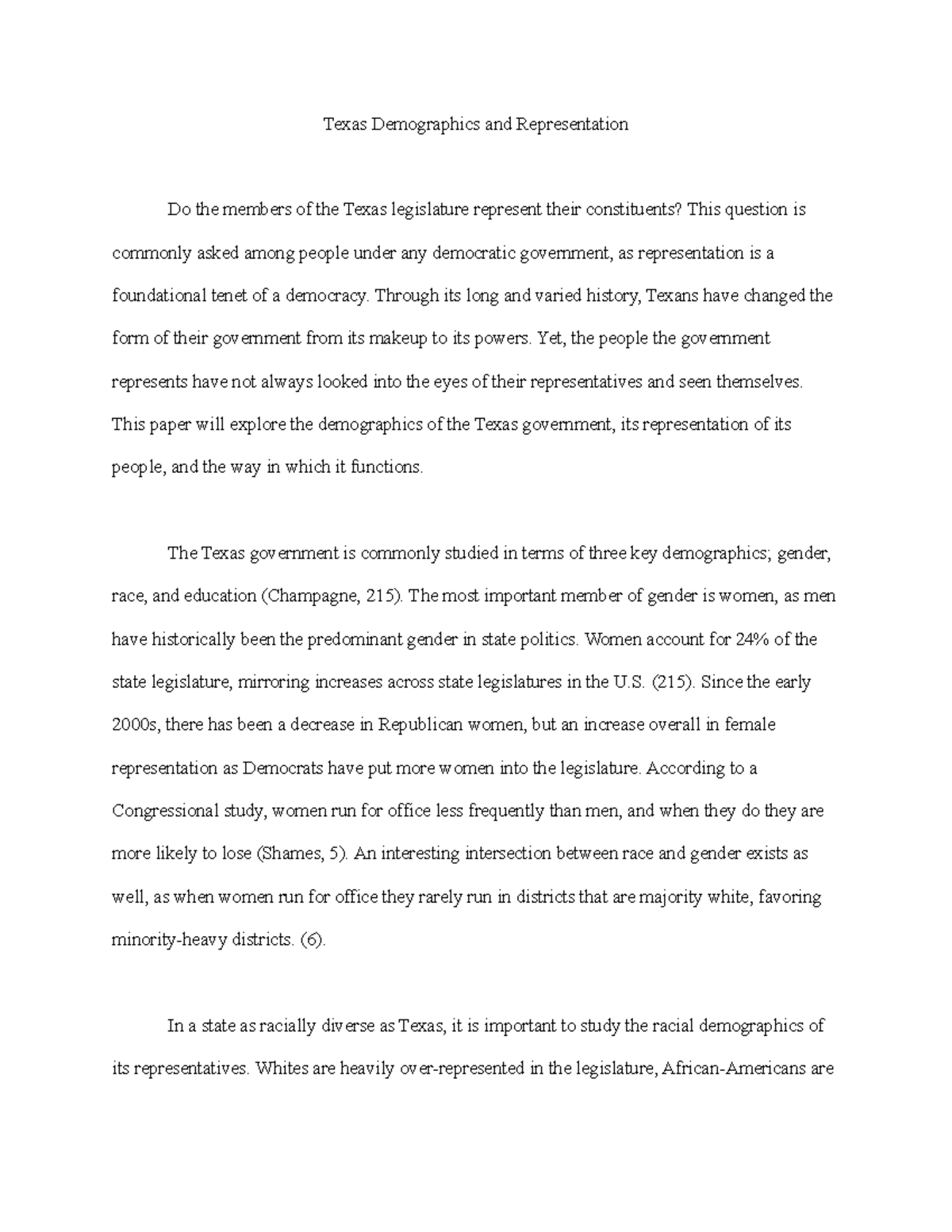 GOVT 2306 Writing Assignment 1 - Texas Demographics and Representation ...