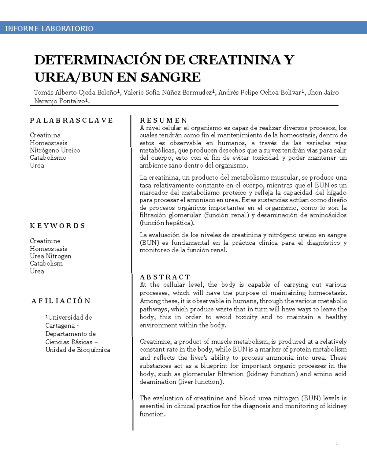 Informe Laboratorio Determinación DE Creatinina Y BUN - INFORME ...