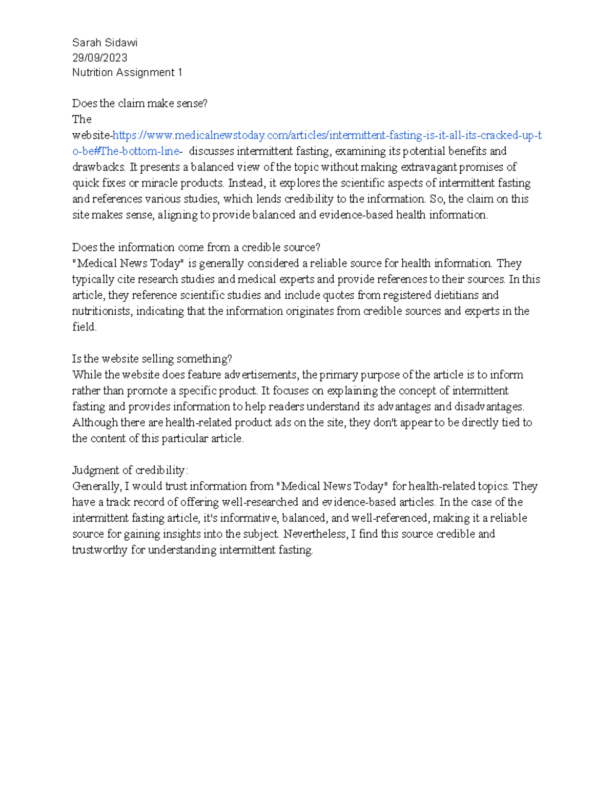 Nutrition part one assignment - Sarah Sidawi 29/09/ Nutrition ...