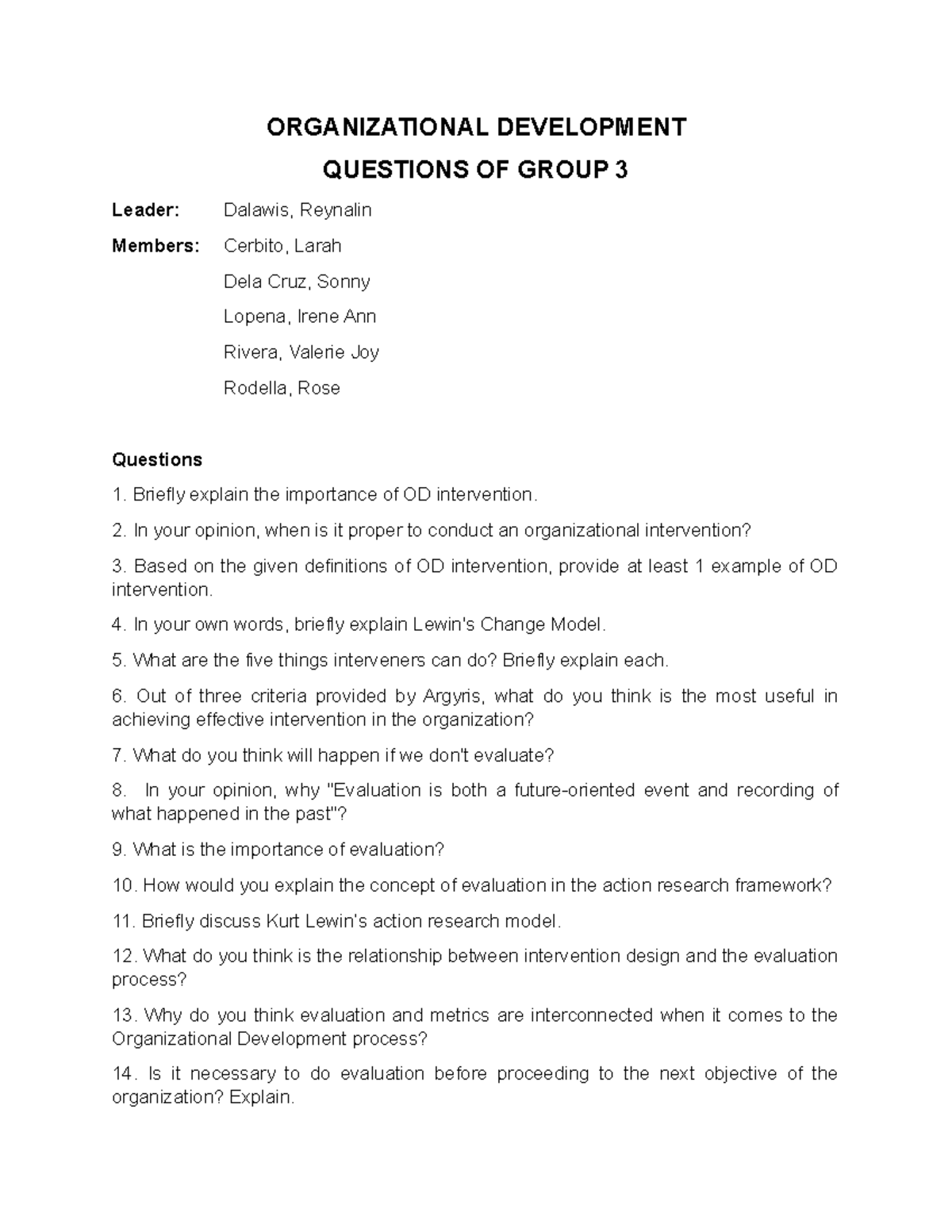 Group 3 Orgdev Questions - eadership and Organizational Change - PUP ...