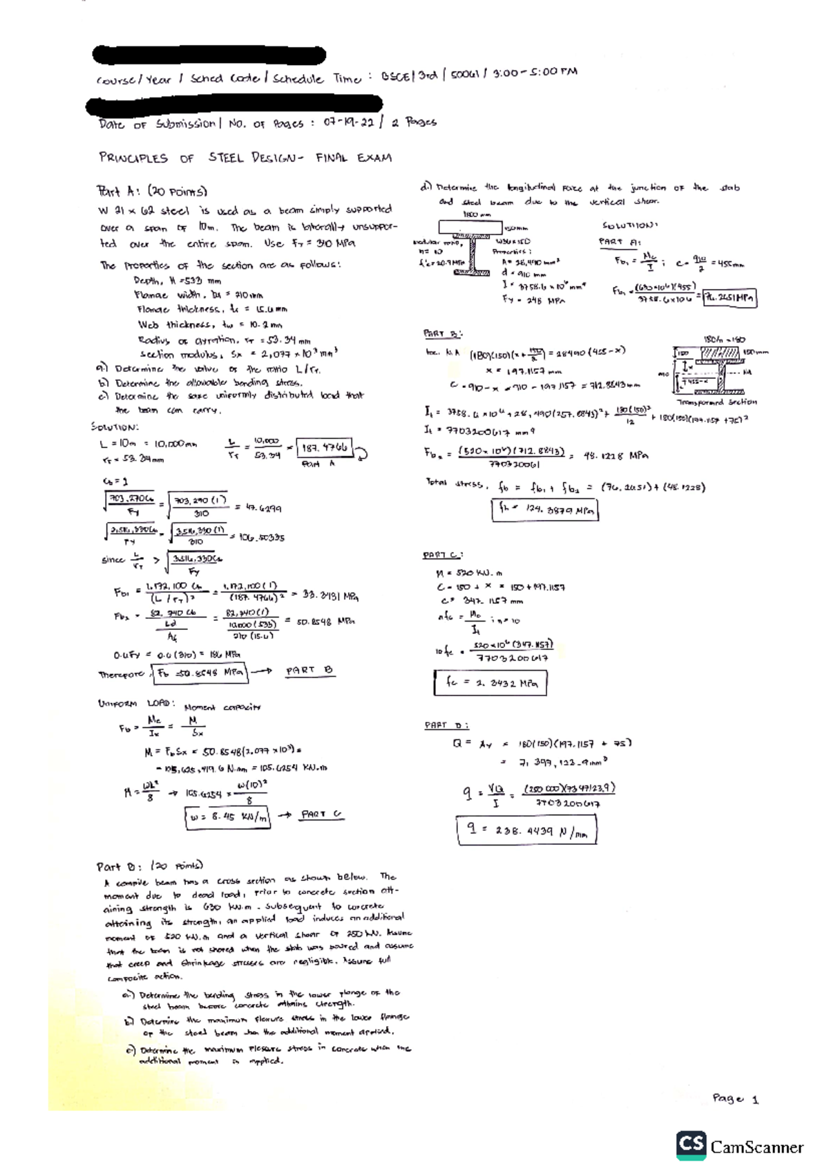 Steel Exam Part-1 - BS Civil Engineering - CamScanner CamScanner - Studocu