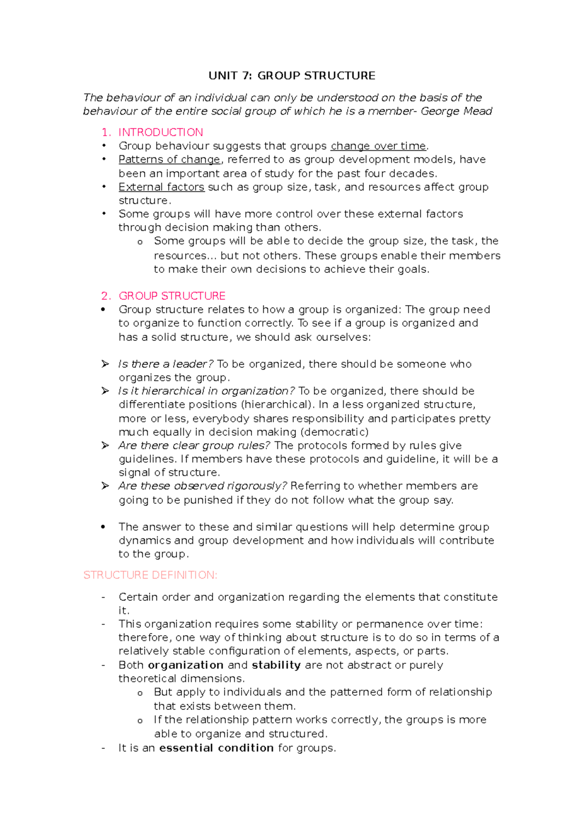 Unit 7 - UNIT 7: GROUP STRUCTURE The behaviour of an individual can ...