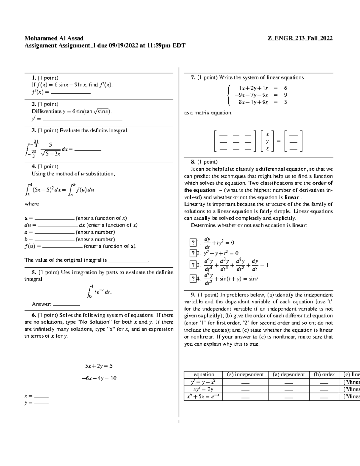 Z ENGR 213 Fall 2022 - Mohammed Al Assad ZENGR 213 Fall 2022 Assignment Assignment1 due 09/19 ...