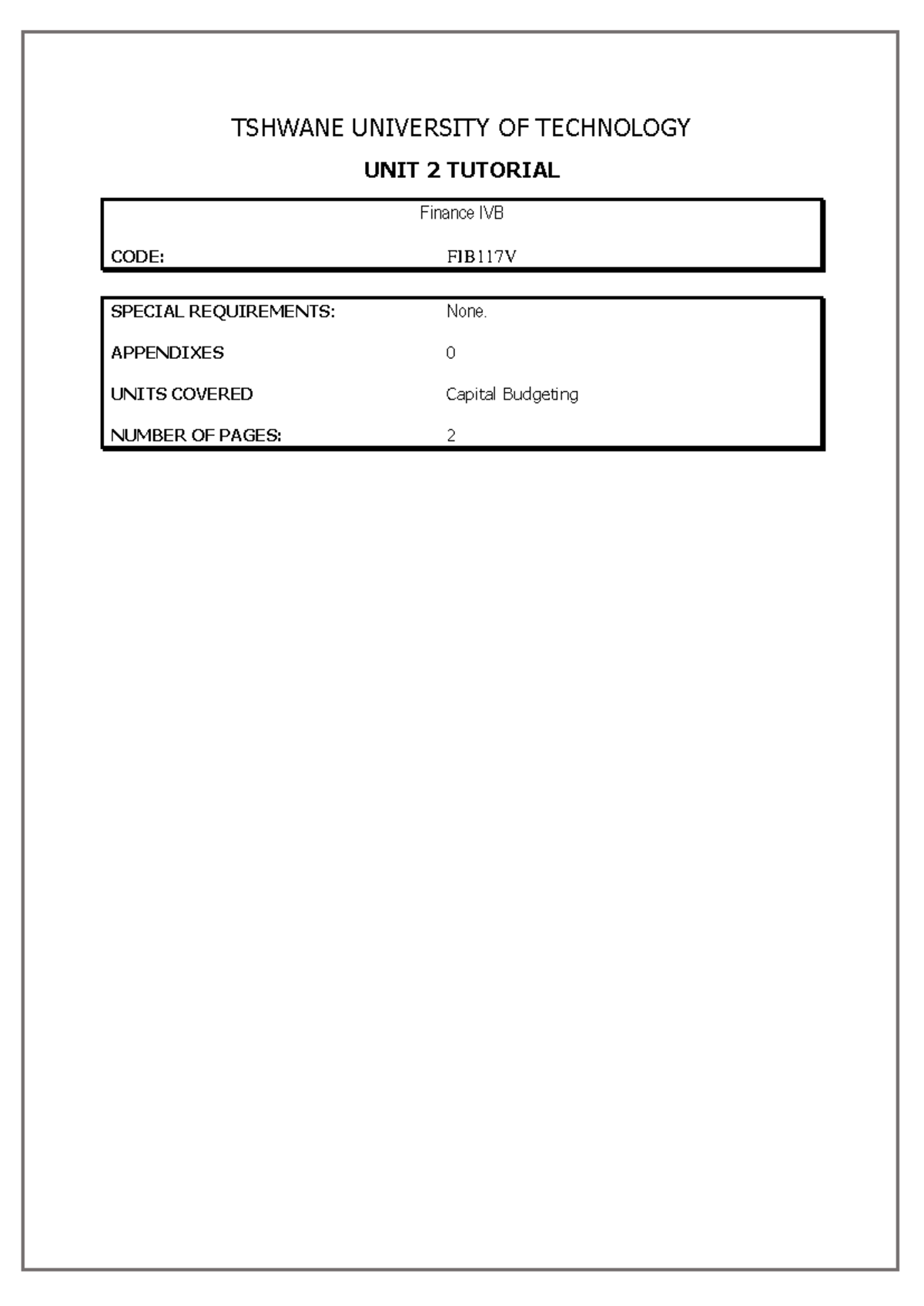 UNIT 2 Tutorial CB 2 - It's for the finance IVB - DPFP115D - TSHWANE ...