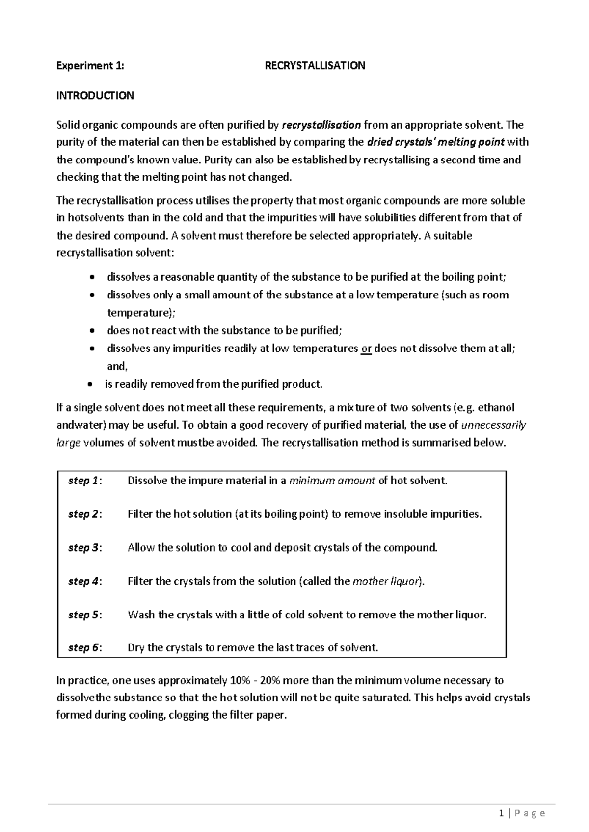 OC1 Prac 1 2023 - Practical 1 - Experiment 1: RECRYSTALLISATION ...