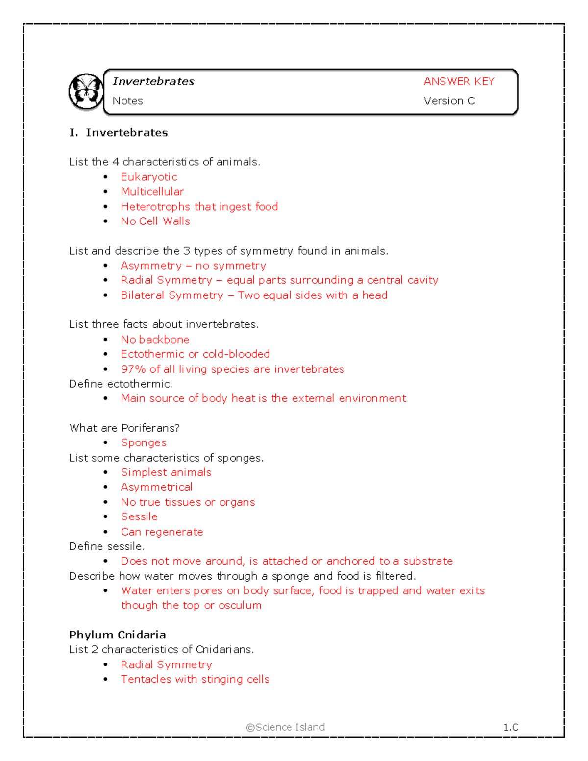 8 Notes Invertebrates - I. Invertebrates List the 4 characteristics of ...