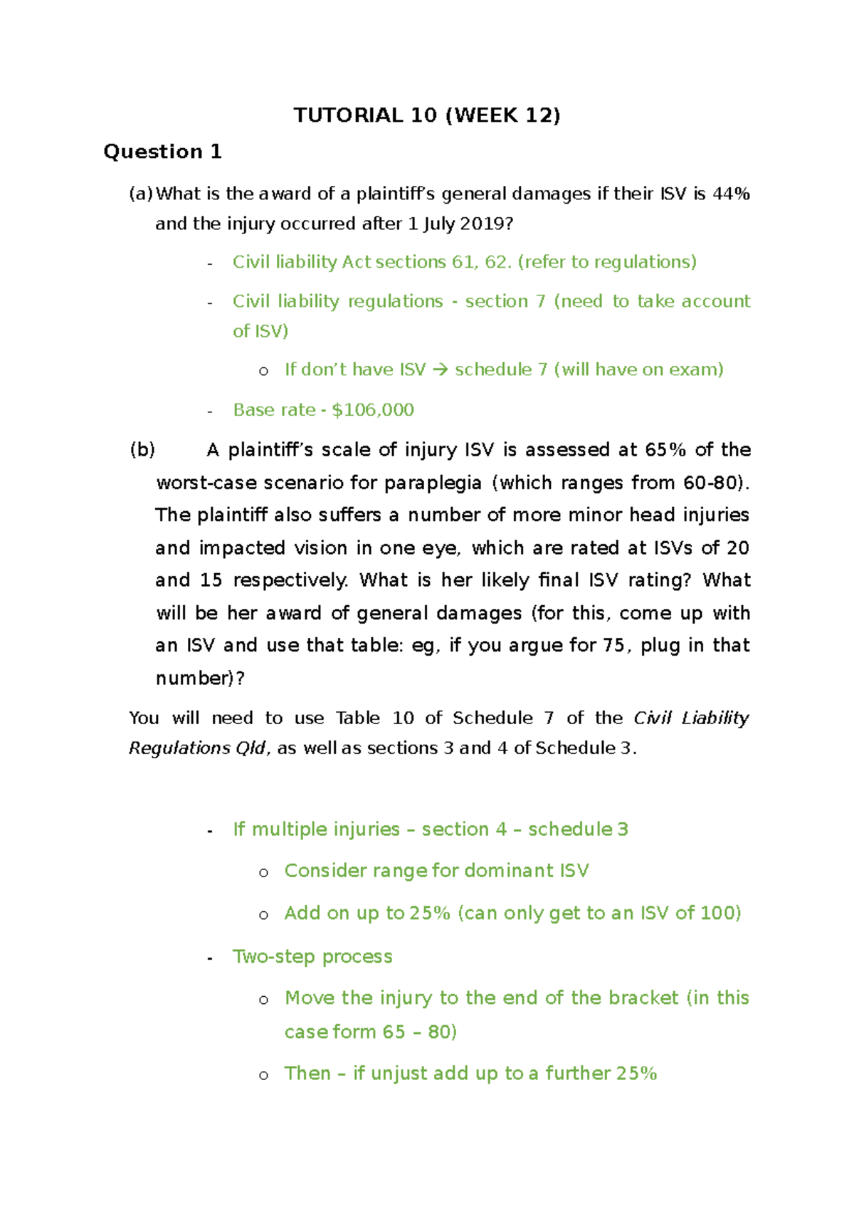 Week 12 torts - week 12 tutorial - TUTORIAL 10 (WEEK 12) Question 1 (a ...