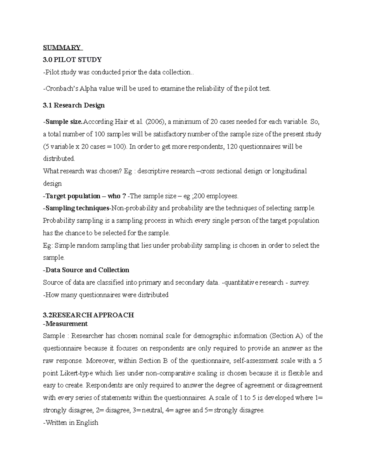 Summary FOR Chapter 3 OR Assignment 2 - SUMMARY 3 PILOT STUDY -Pilot ...