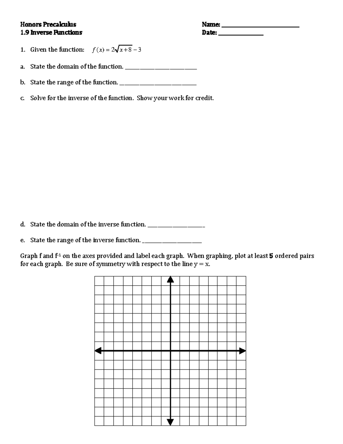 1.9 Inverse Functions-1 - Honors Precalculus Name ...