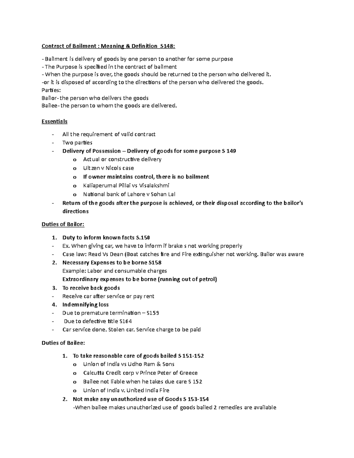 Bailment Seminar - Lecture notes 1 - Contract of Bailment : Meaning ...