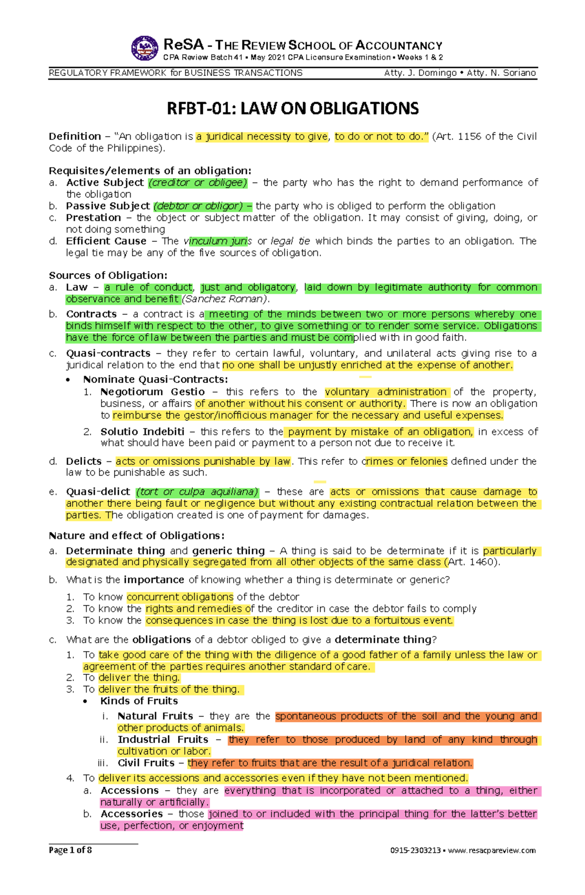 Obli - RESA - Lecture notes 1,3 - ReSA - THE REVIEW SCHOOL OF ...