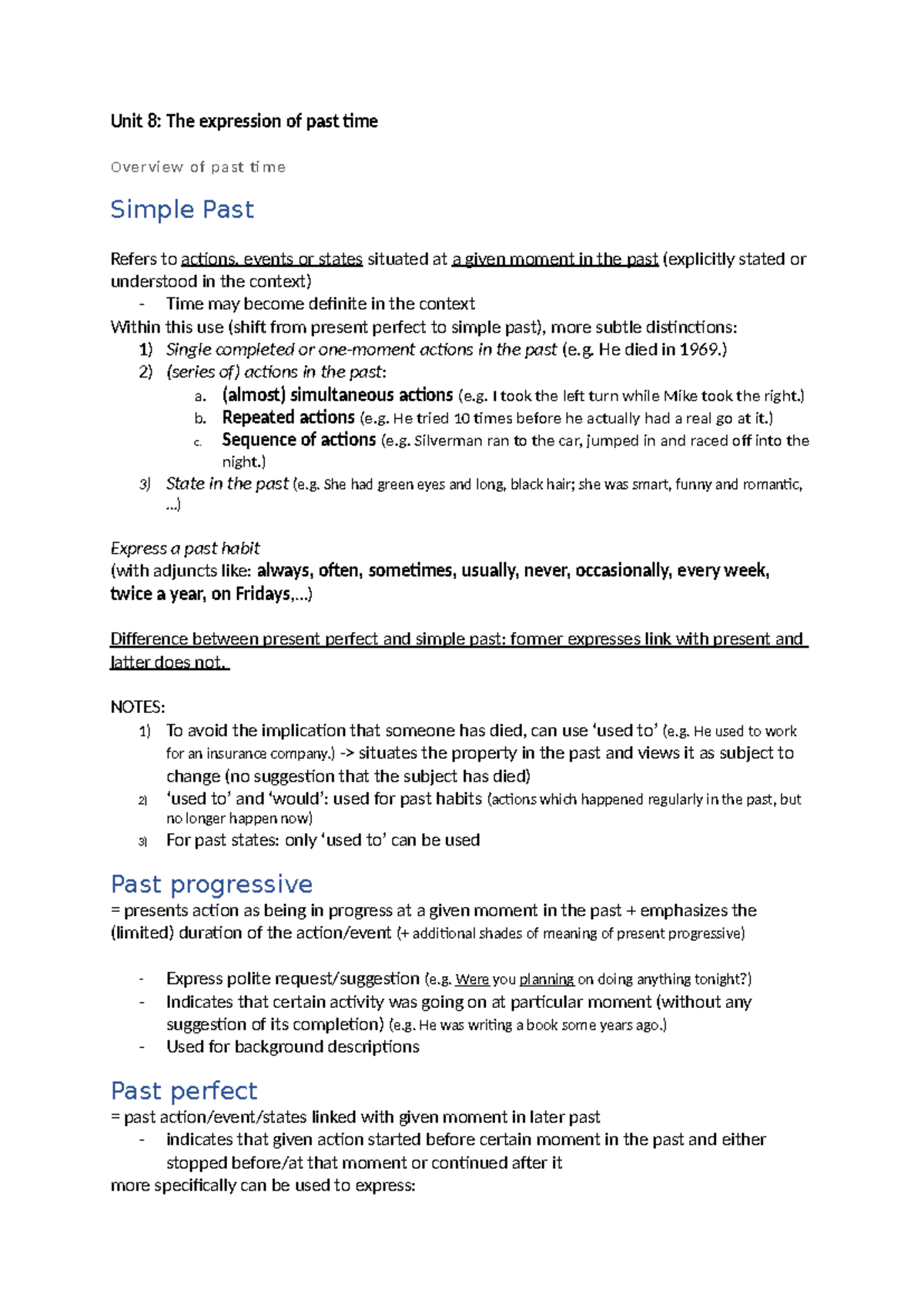 Overview of past tense - Unit 8: The expression of past time Overview ...