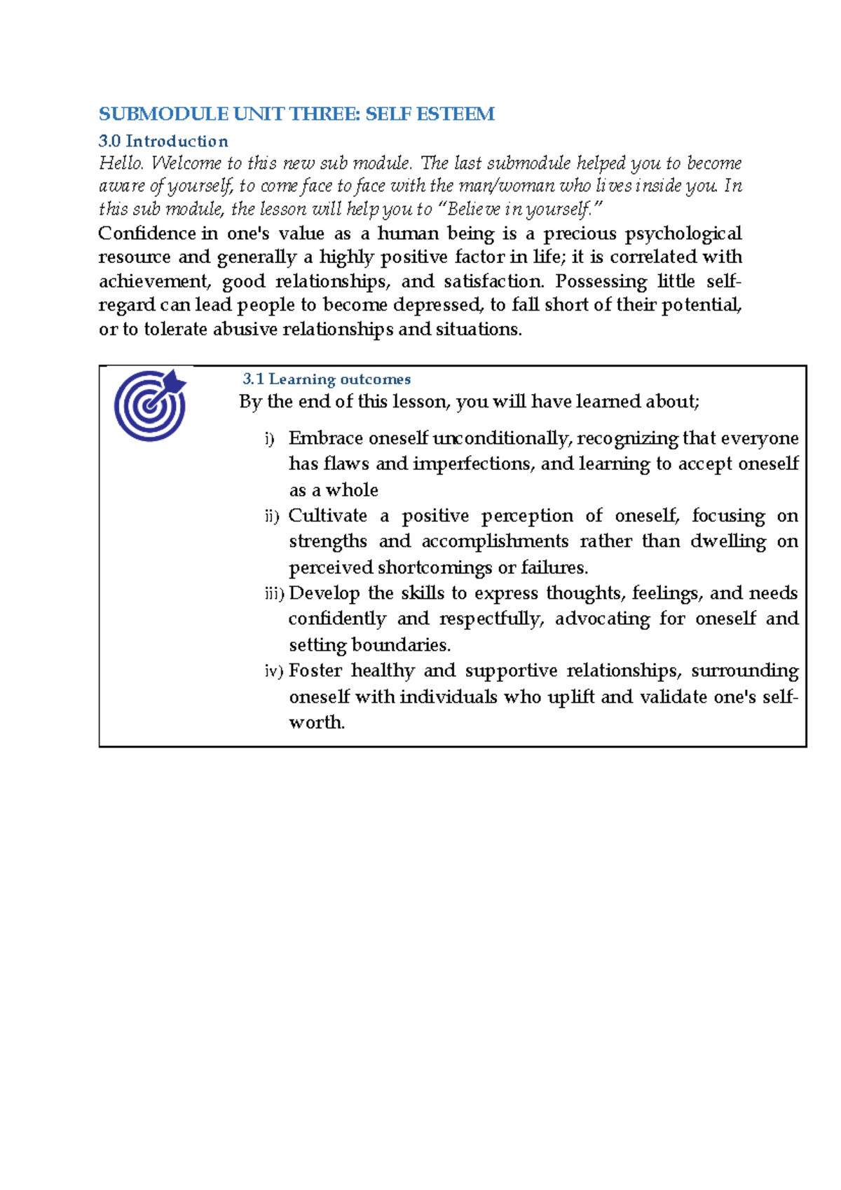 Pdf File - CLEAR - SUBMODULE UNIT THREE: SELF ESTEEM 3 Introduction Hello. Welcome to this new ...