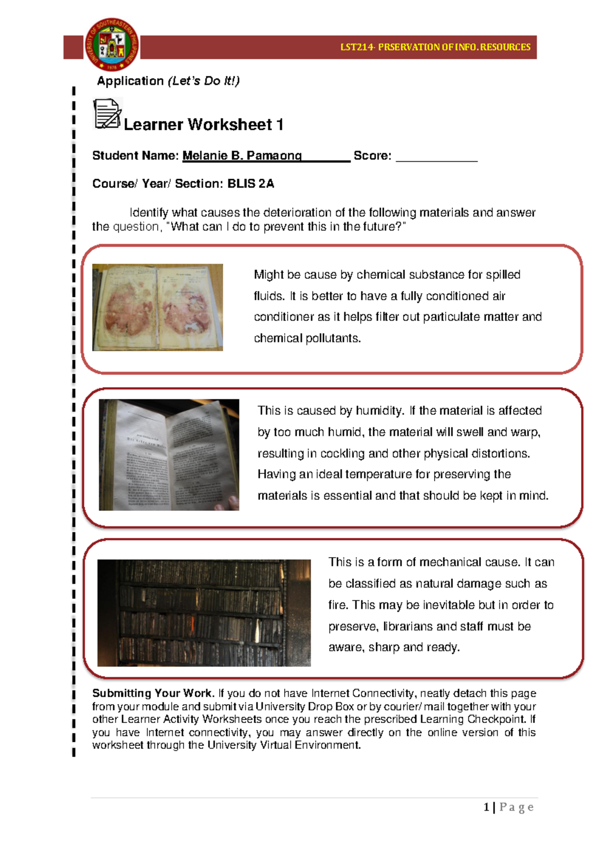 LST 214 preservation worksheets Pamaong, Melanie - - Studocu