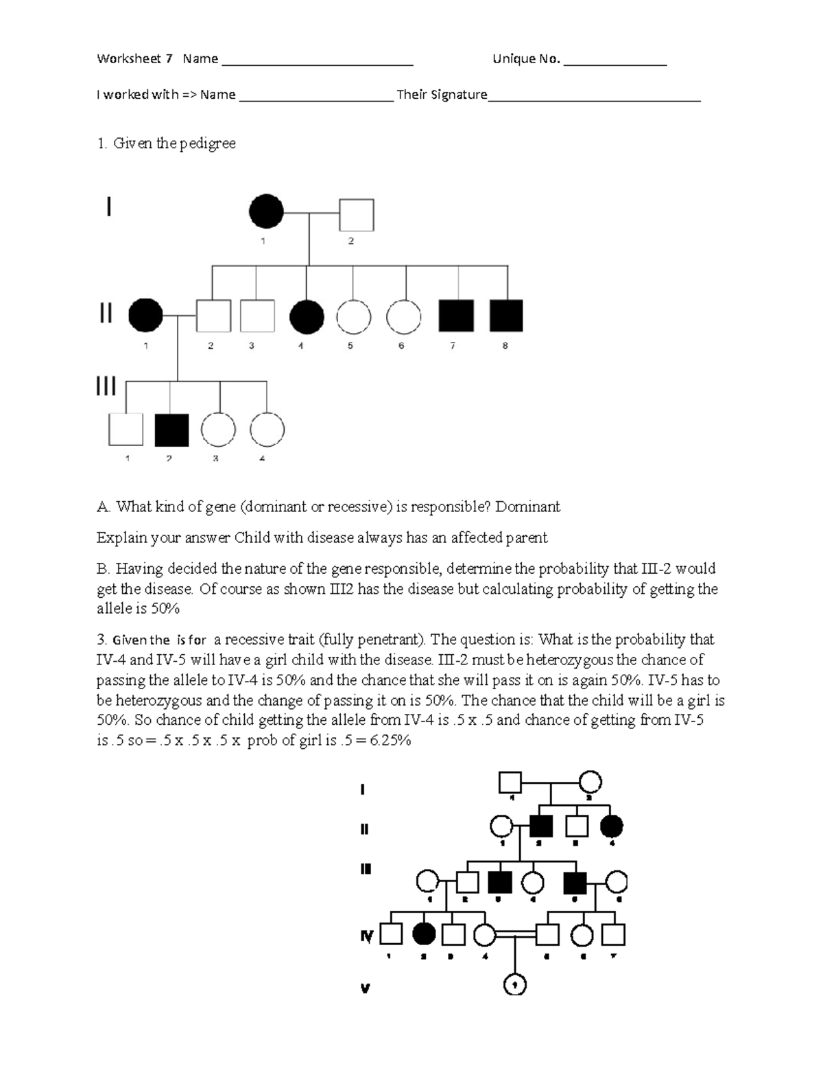 Genetics F2020 Worksheet 6 KEY - I worked with => Name ...
