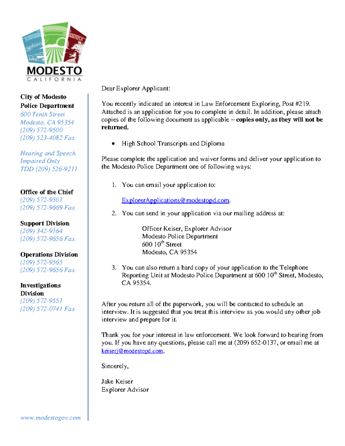Police Explorer Application PDF - City of Modesto Police Department 600 ...
