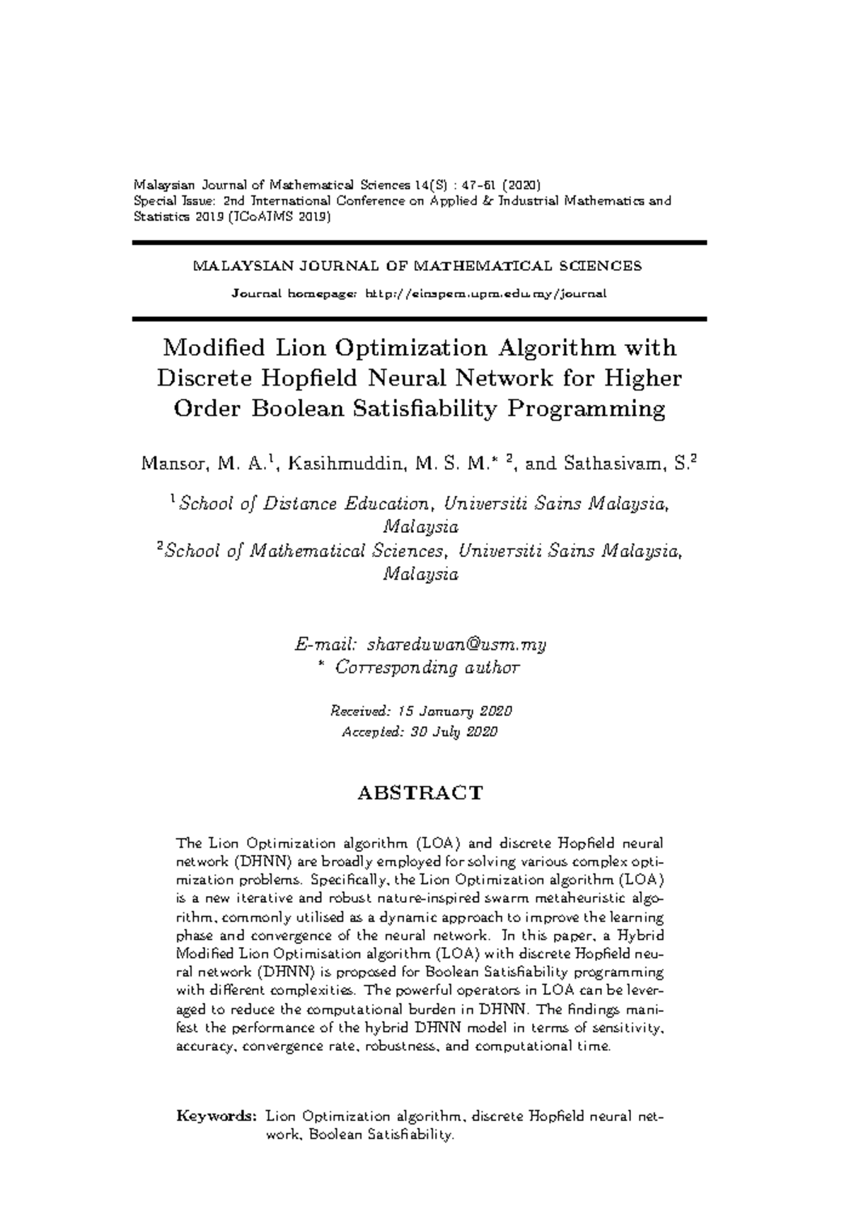 Modified Lion Optimization Algorithm With Discrete Hopfield Neural Network For Higher Order