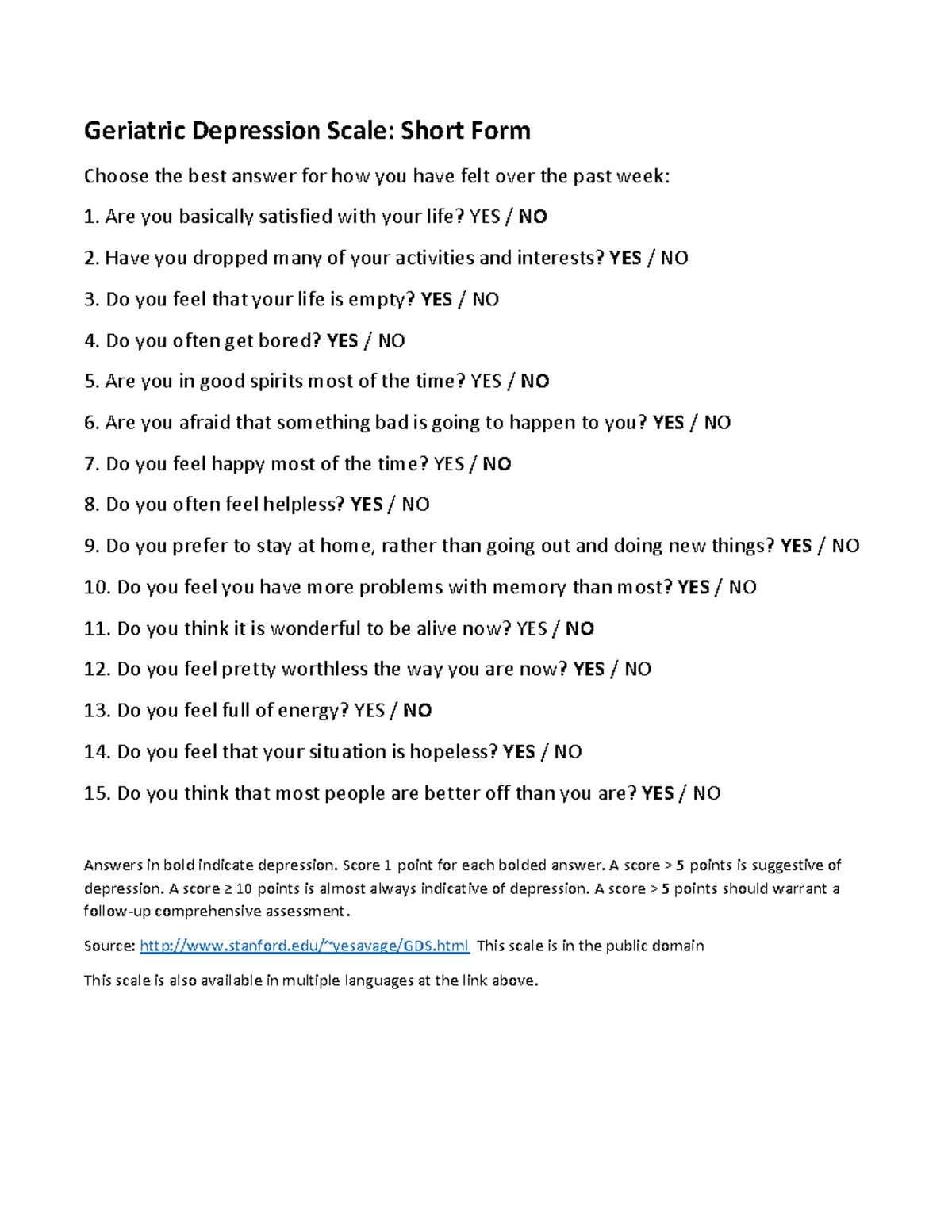 Depression scale geriatrics - Geriatric Depression Scale: Short Form ...