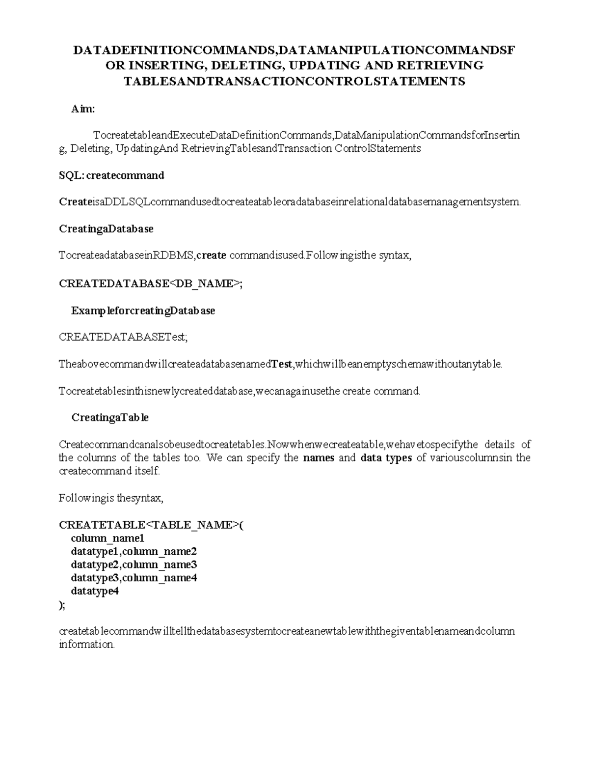 CS8481 Database management systems lab - DATADEFINITIONCOMMANDS,DATAMANIPULATIONCOMMANDSF OR ...