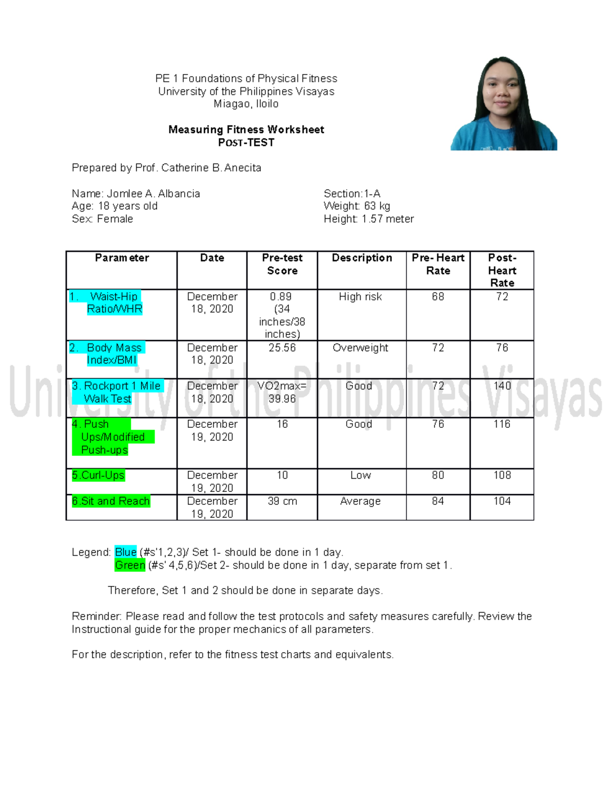 Week5 Fitness Test Worksheet - BS Hospitality Management - ISAT - Studocu
