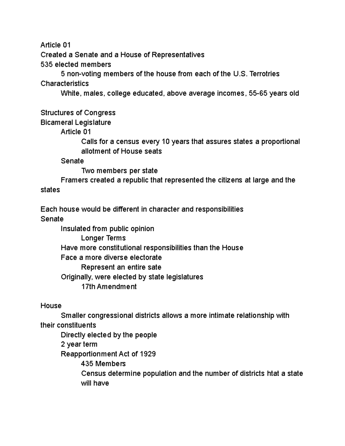 Government Notes 02 06 23 - Article 01 Created a Senate and a House of ...