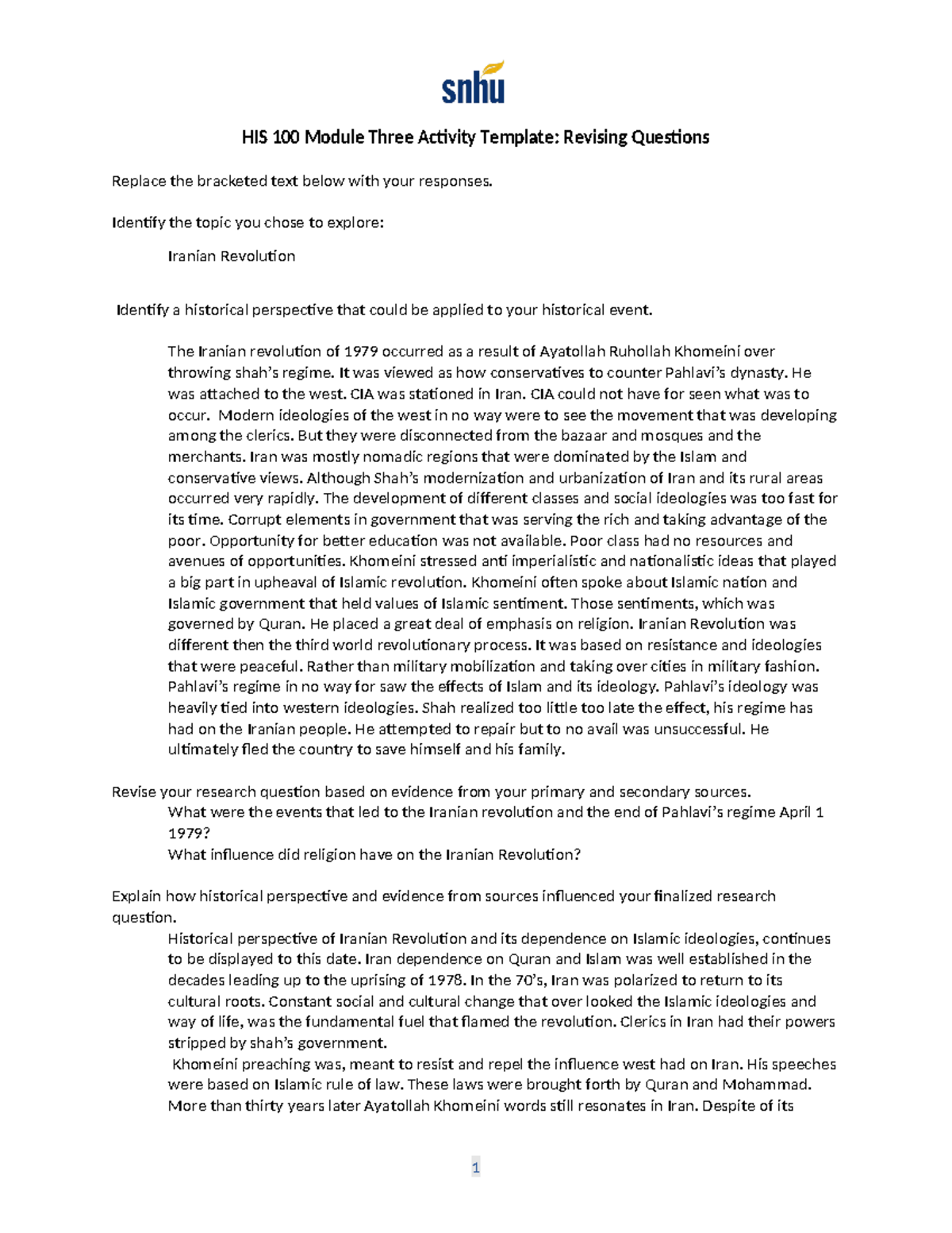 HIS 100 Module 3-2 Three Activity Revising Questions Template - HIS 100 ...