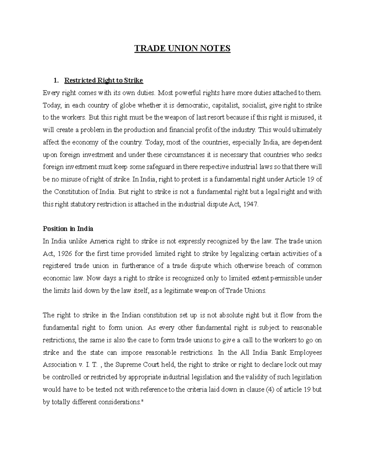 Trade Union Notes - TRADE UNION NOTES Restricted Right to Strike Every ...