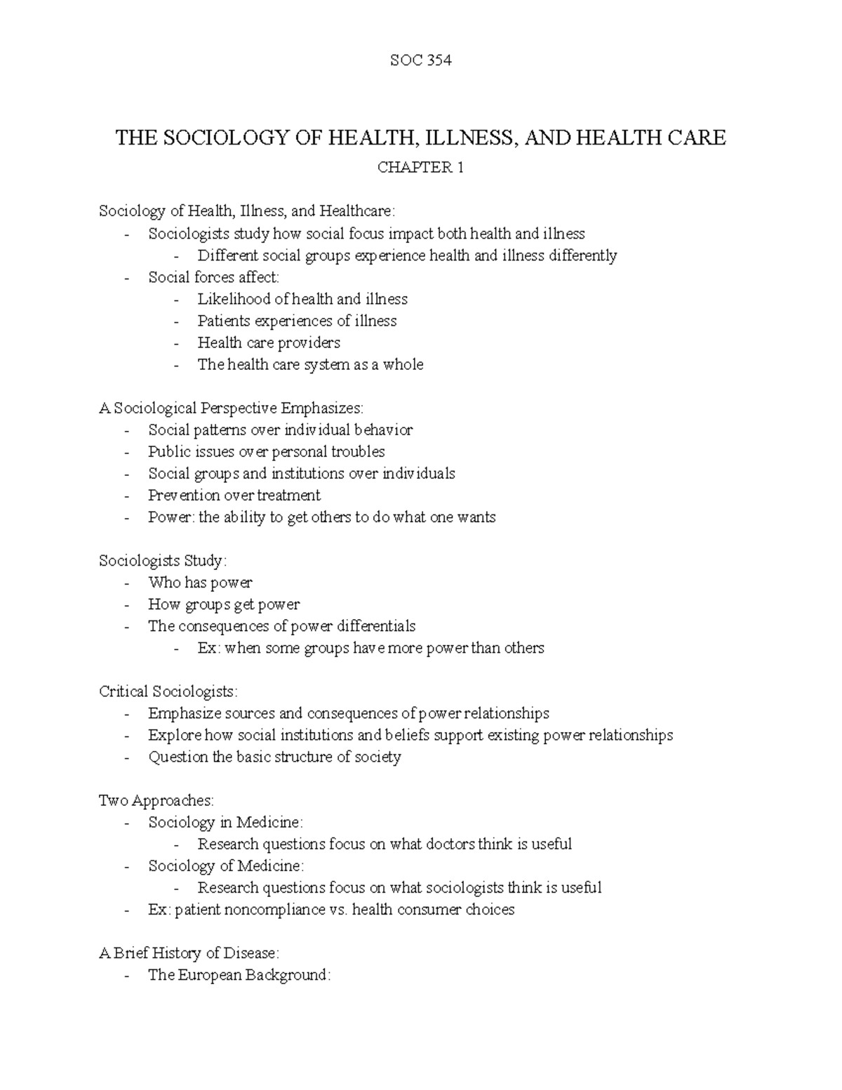 SOC 354 - Notes - THE SOCIOLOGY OF HEALTH, ILLNESS, AND HEALTH CARE ...