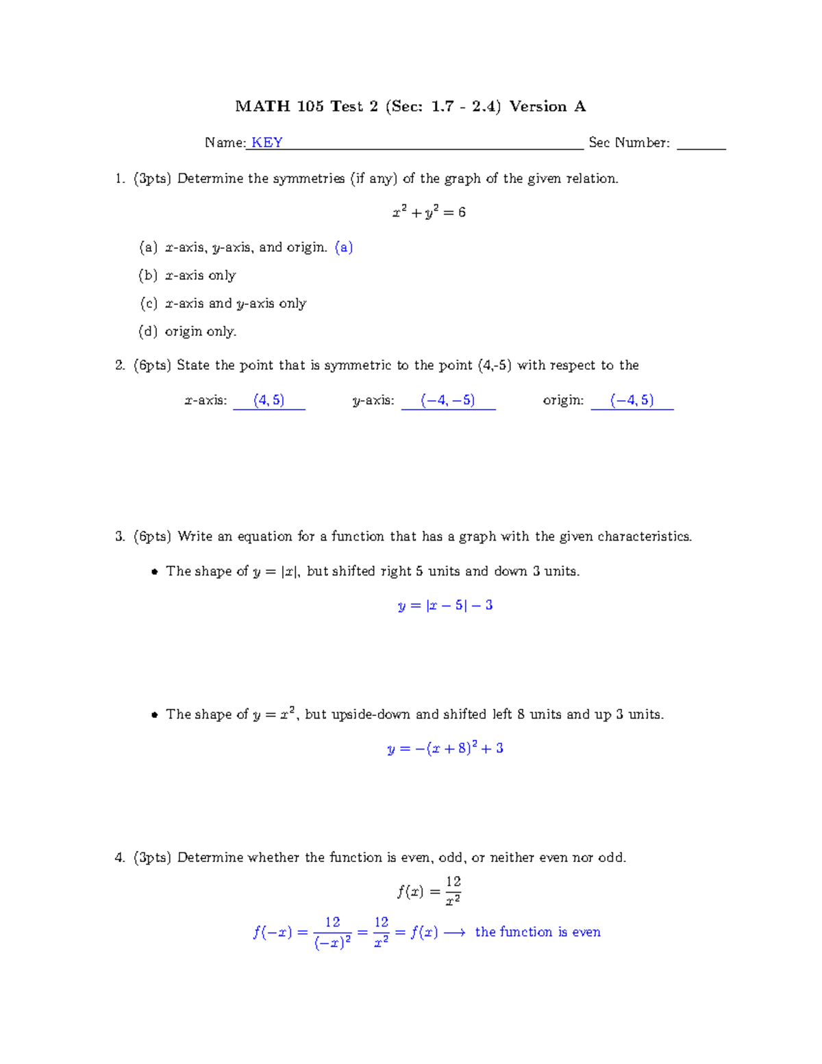 Math Review Ch1 2 MATH 105 Test 2 Sec 1 2 Version A Name KEY Sec