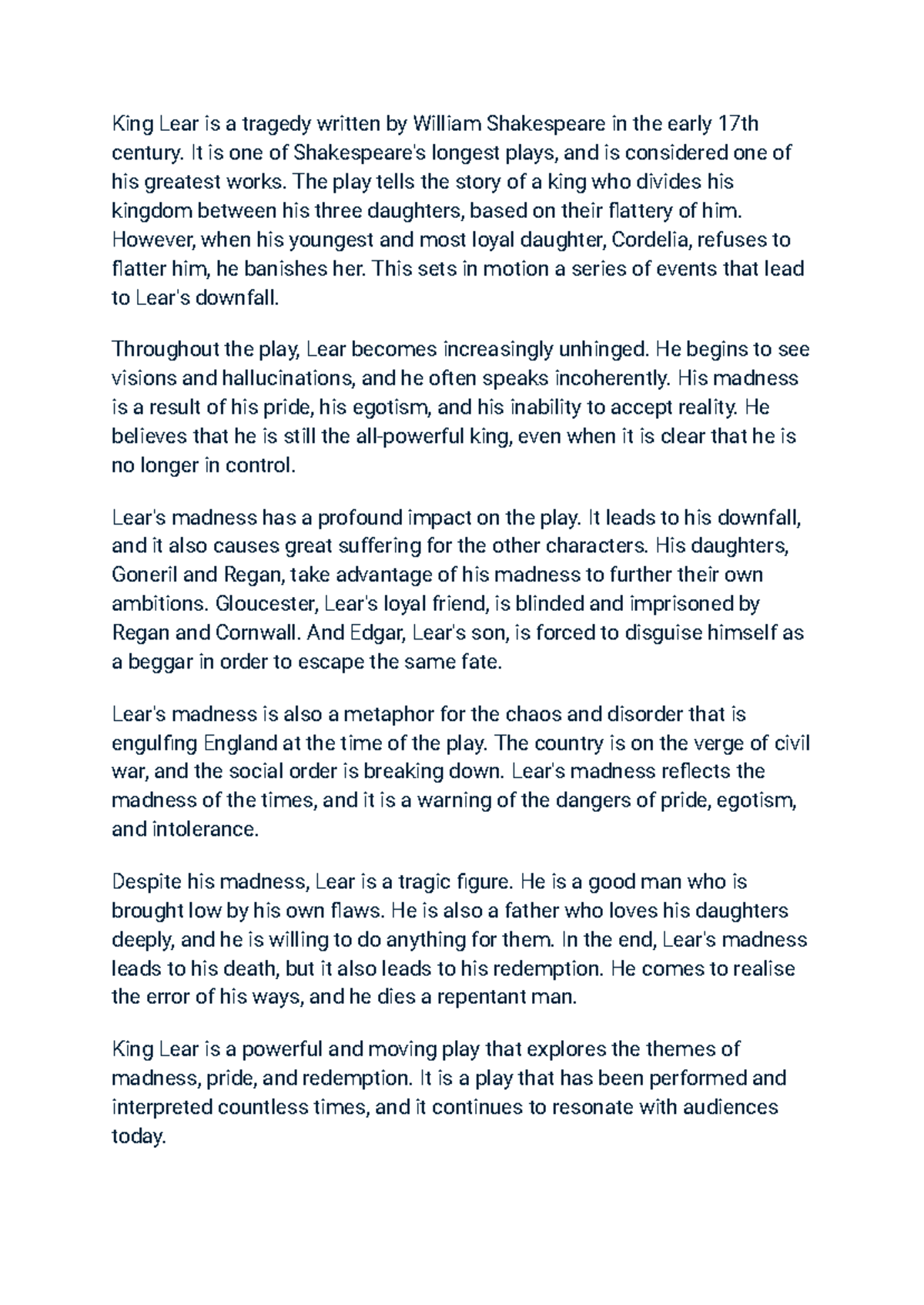 King Lear short summary - King Lear is a tragedy written by William ...