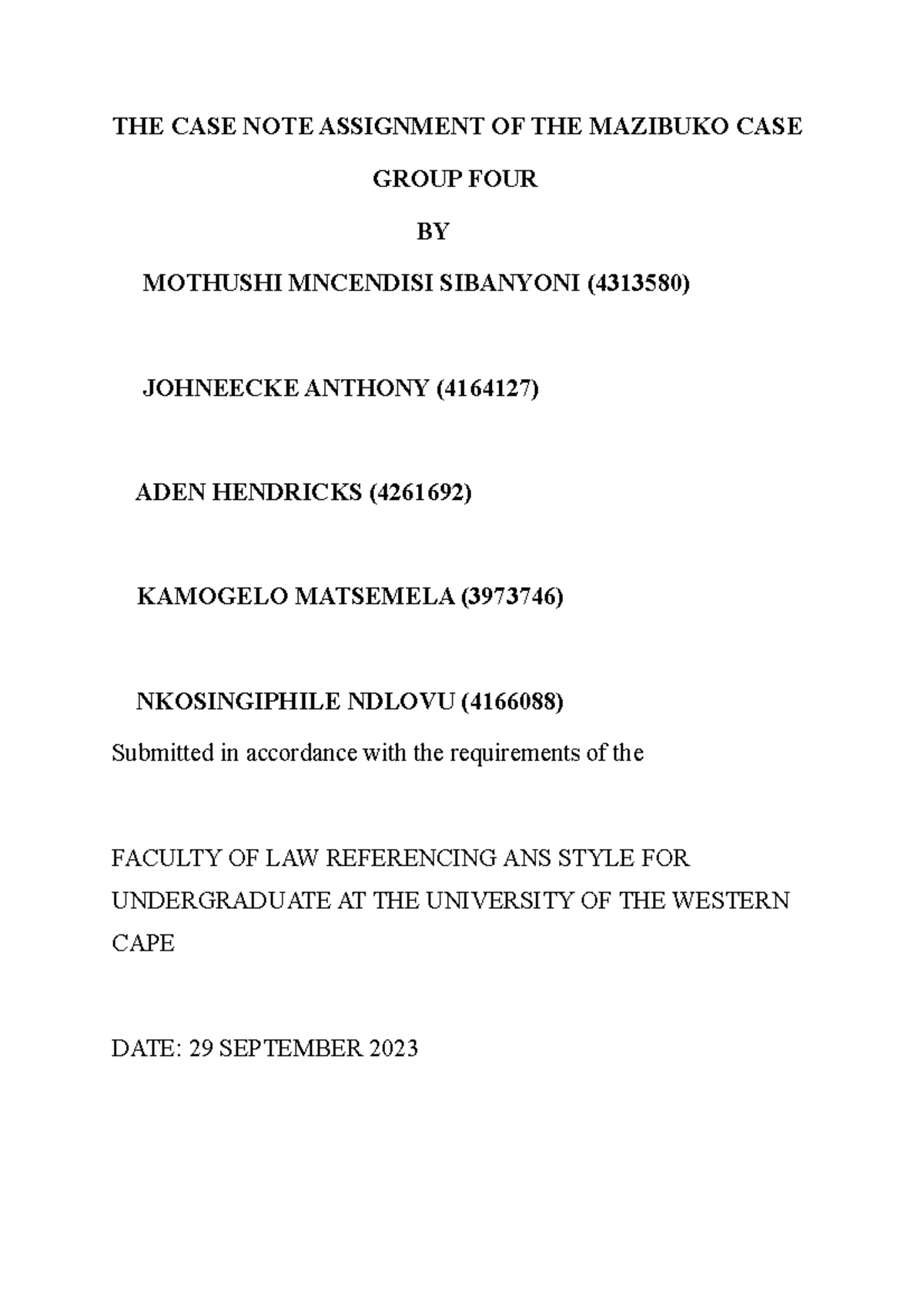 THE CASE NOTE Assignment OF THE Mazibuko CASE [Group assignment] signed ...